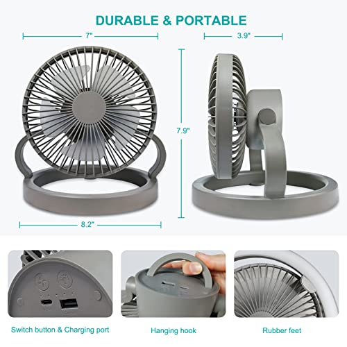Teioe Camping Fan with LED Lantern, 8000 mAh Battery Operated Tent Fan with Hook, Rechargeable Table Fan for Camping, Fishing, Jobsite, Office, Emergency (Grey)