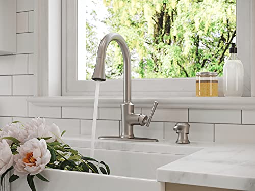 Pfister Antrom Kitchen Faucet with Pull Down Sprayer and Soap Dispenser, Single Handle, High Arc, Spot Defense Stainless Steel Finish, F5297AOGS