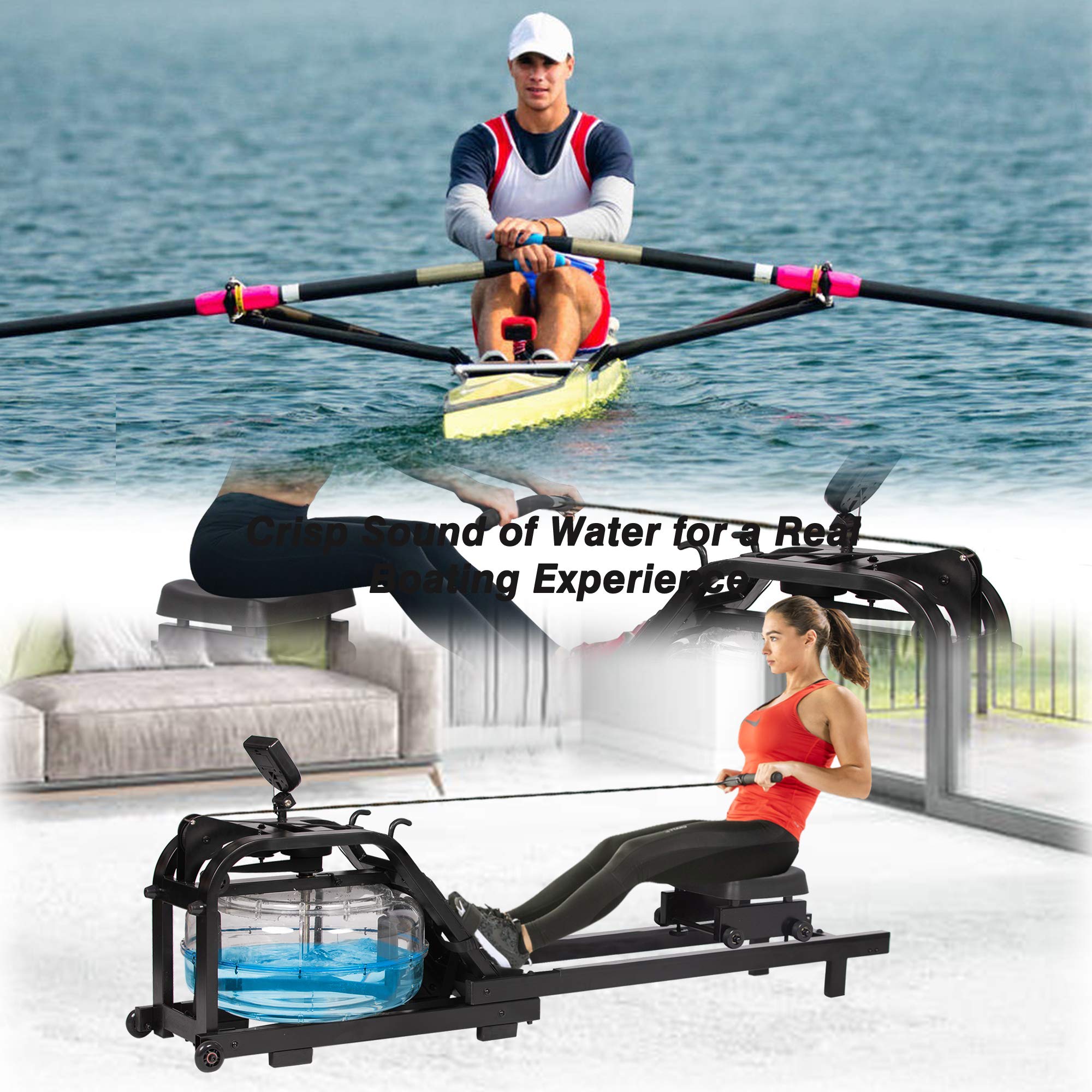 LUCKYERMORE Water Rowing Machine with LCD Monitor for Home/Gym, 265 Lbs Weight Capacity, Adjustable, Space Saving, Mobile, Double Track Indoor Rower Fitness, Black