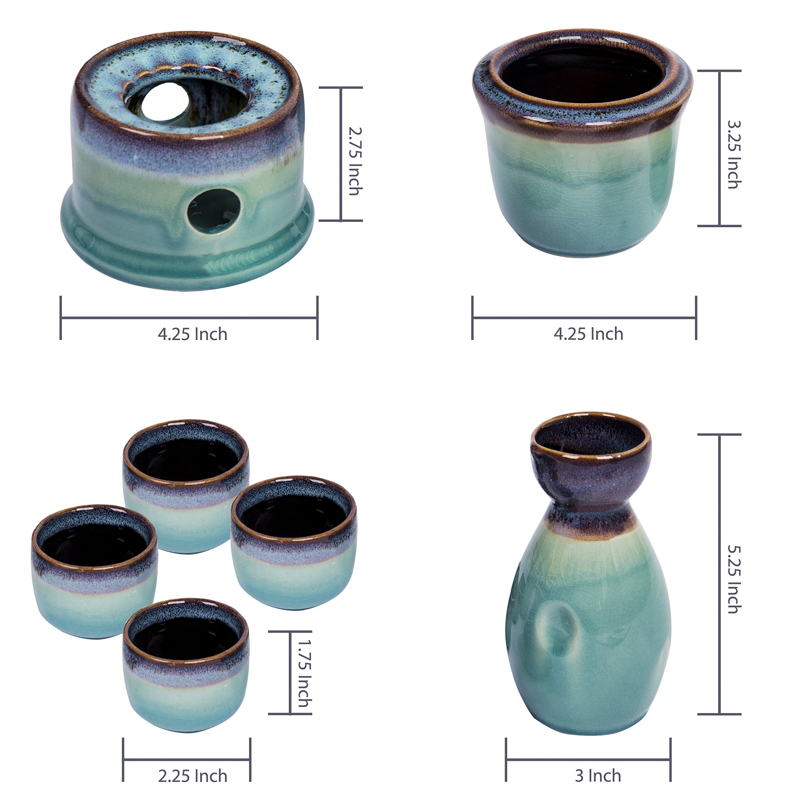MyGift 7 Pc Sake Set with Warmer, Japanese Style Blue and Purple Ceramic Sake Serving Gift Set with 7.4 oz Bottle Carafe, 4 Ochoko 1.7 oz Cups and Warmer