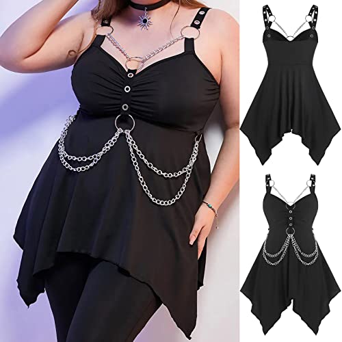Women V-Neck Gothic Tank Top Halloween Gothic Strap Sleeveless Tops Vest Chain Corset Top Black