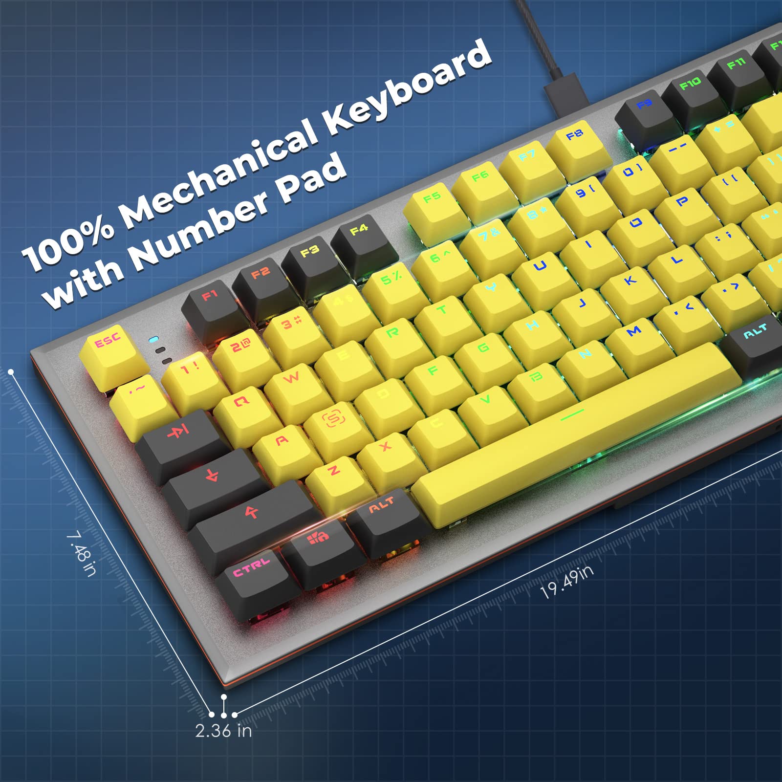 Mechanical Gaming Keyboard, PowerLead Wired Keyboard Rainbow RGB Backlit with Detachable Leather Wrist Rest, Programmable Settings with N-Key Flip, for Windows PC/MAC Games (104 Keys, Blue Switch)
