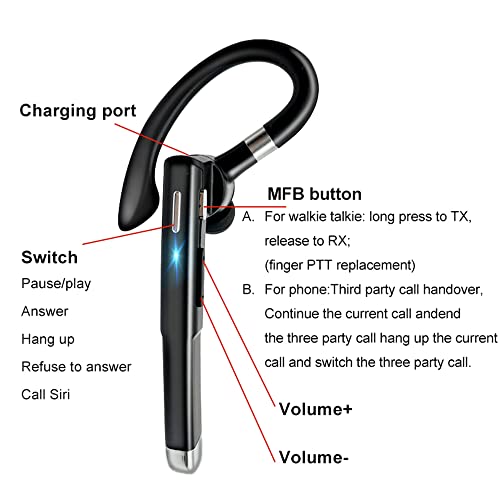 LSENG Walkie Talkie Bluetooth Headset Earpiece with 2 Pin Wireless Dongle and PTT Button Compatible with BaoFeng Kenwood Btech Two Way Radios