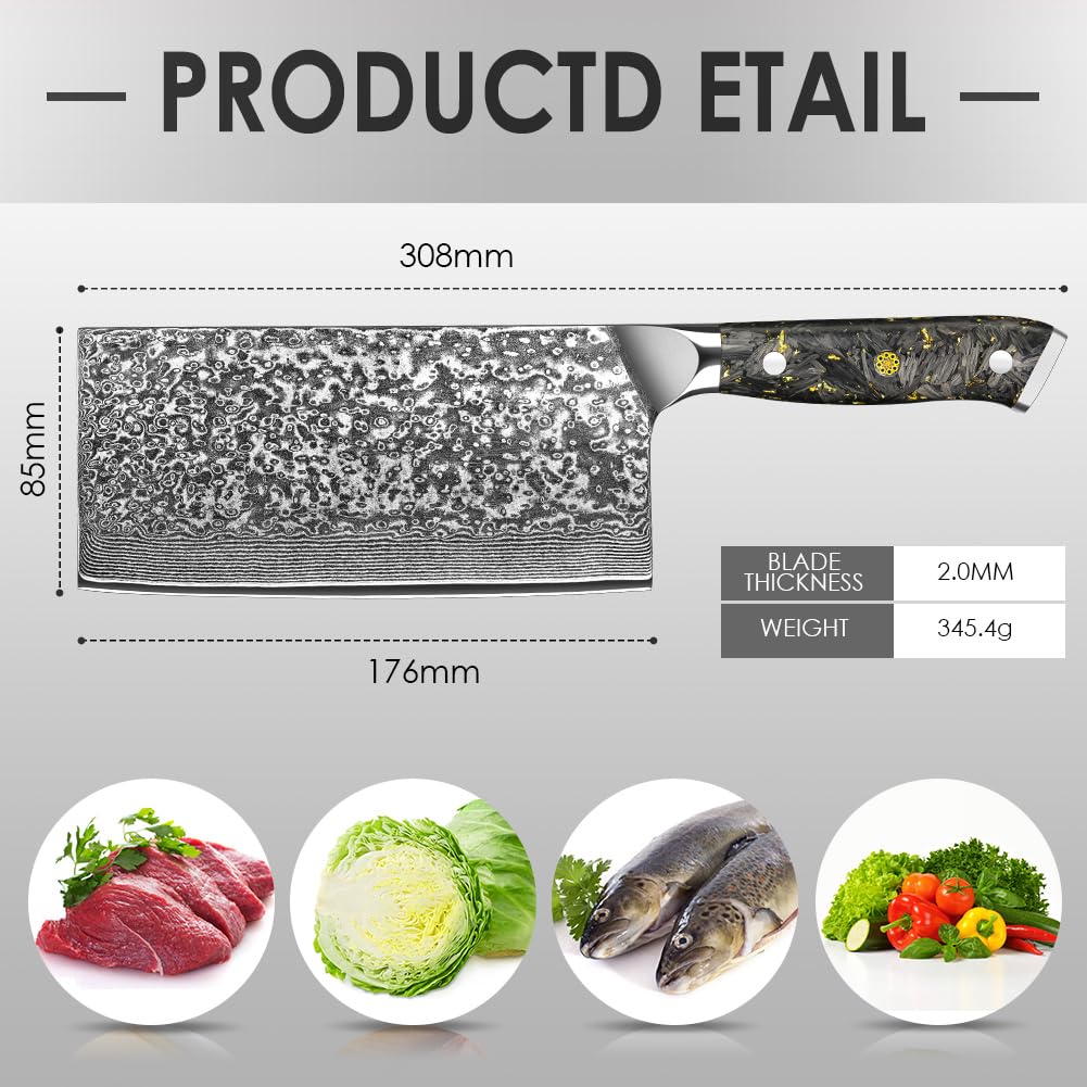 KEENZO Damascus Meat cleaver knife 7 inch, Professional kitchen knife, sharp Chinese chef knife. Hand forged high-carbon stainless steel butcher knife. Ergonomic Full-Tang handle with gift box 