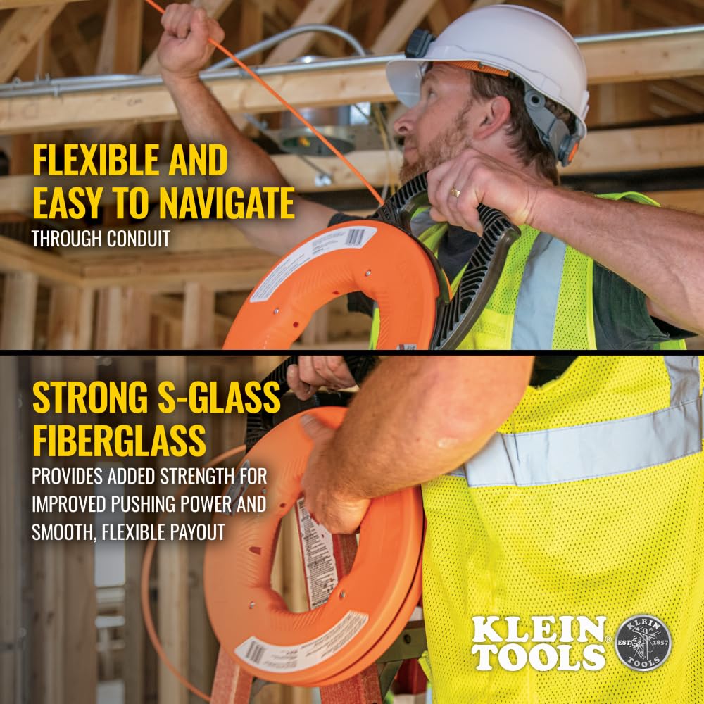 Klein Tools 56380 Non-Conductive Electrical Fish Tape, Multi-Groove Fiberglass Wire Puller with Steel Leader, 100-Foot x 3/16-Inch