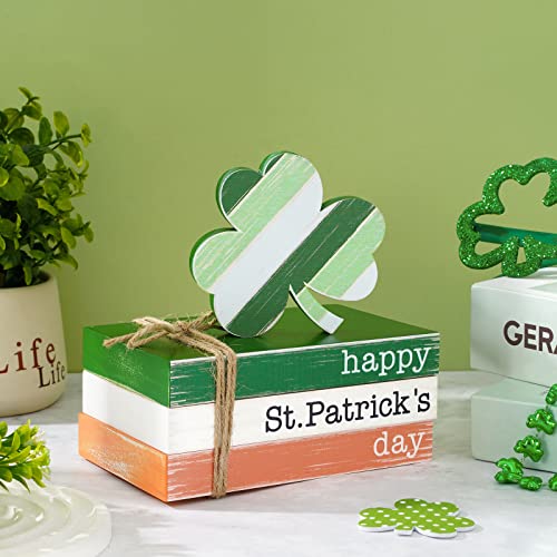 Whaline St. Patrick's Day Wooden Tiered Tray Decor Faux Decorative Stacked Books Bundle Happy St. Patrick's Day Wooden Block Sign with Shamrock for Irish Holiday Kitchen Home Table Decor