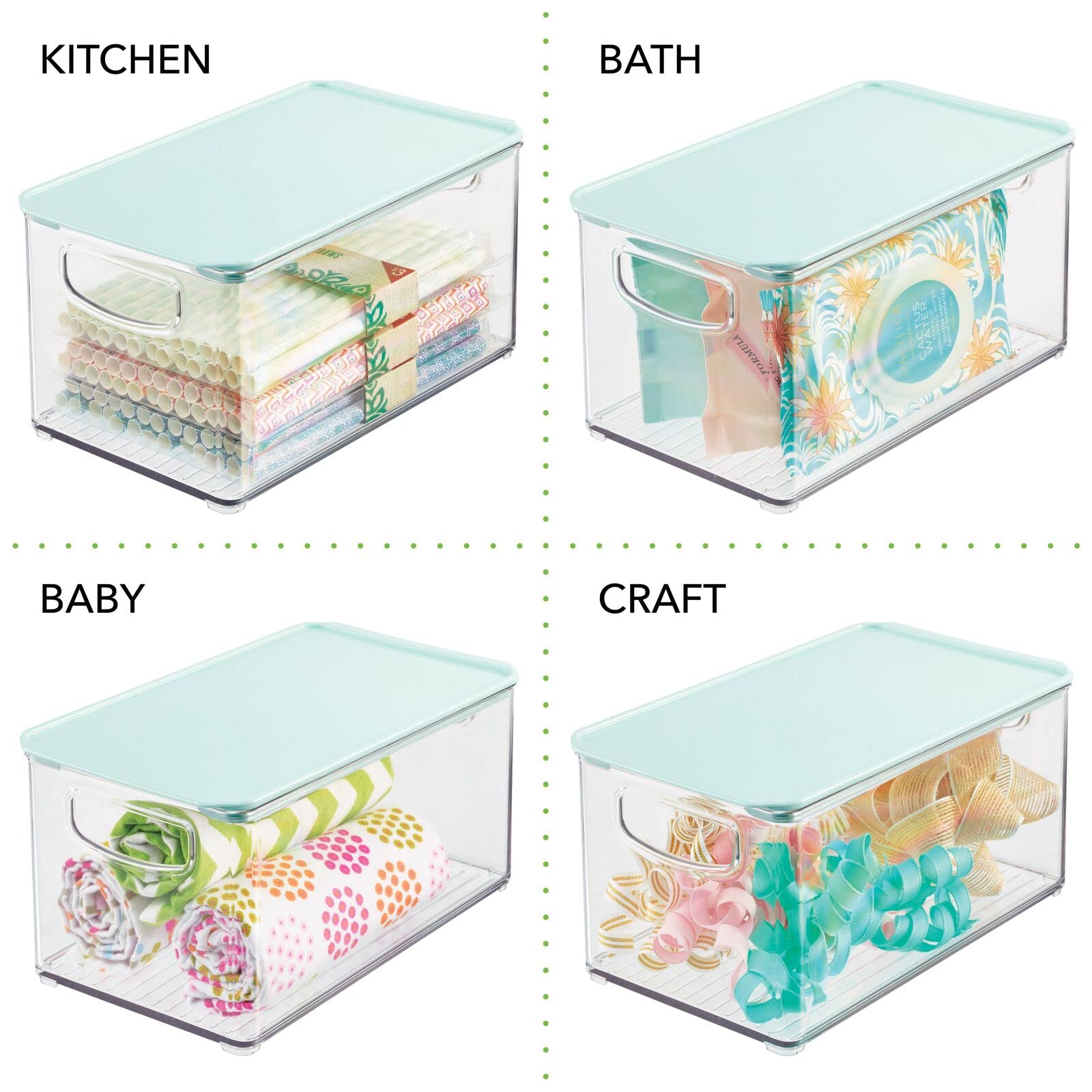 mDesign Plastic Storage Bin Box Container, Lid - Built-In Handles - Organization for Toys, Games, Accessories in Play or Game Room, Cabinet, Shelves, Cubby, Ligne Collection, 4 Pack, Clear/Mint Green