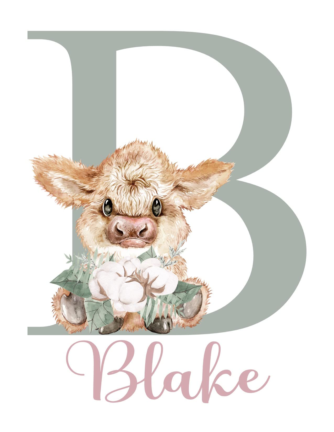 Personalized Watercolor Highland Cow Sage Green and Dusty Rose Rustic Cotton Farmhouse Baby Nursery Unframed Print