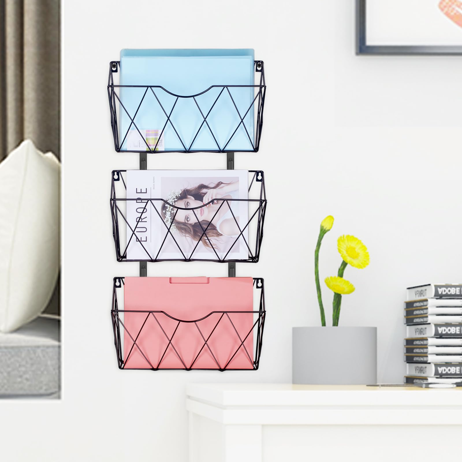 KEEGH Hanging Wall File Organizer Wall Mount File Folder 3 Pockets Wall Paper Organizer Mail Organizer Metal Wall Magazine Rack with Hooks