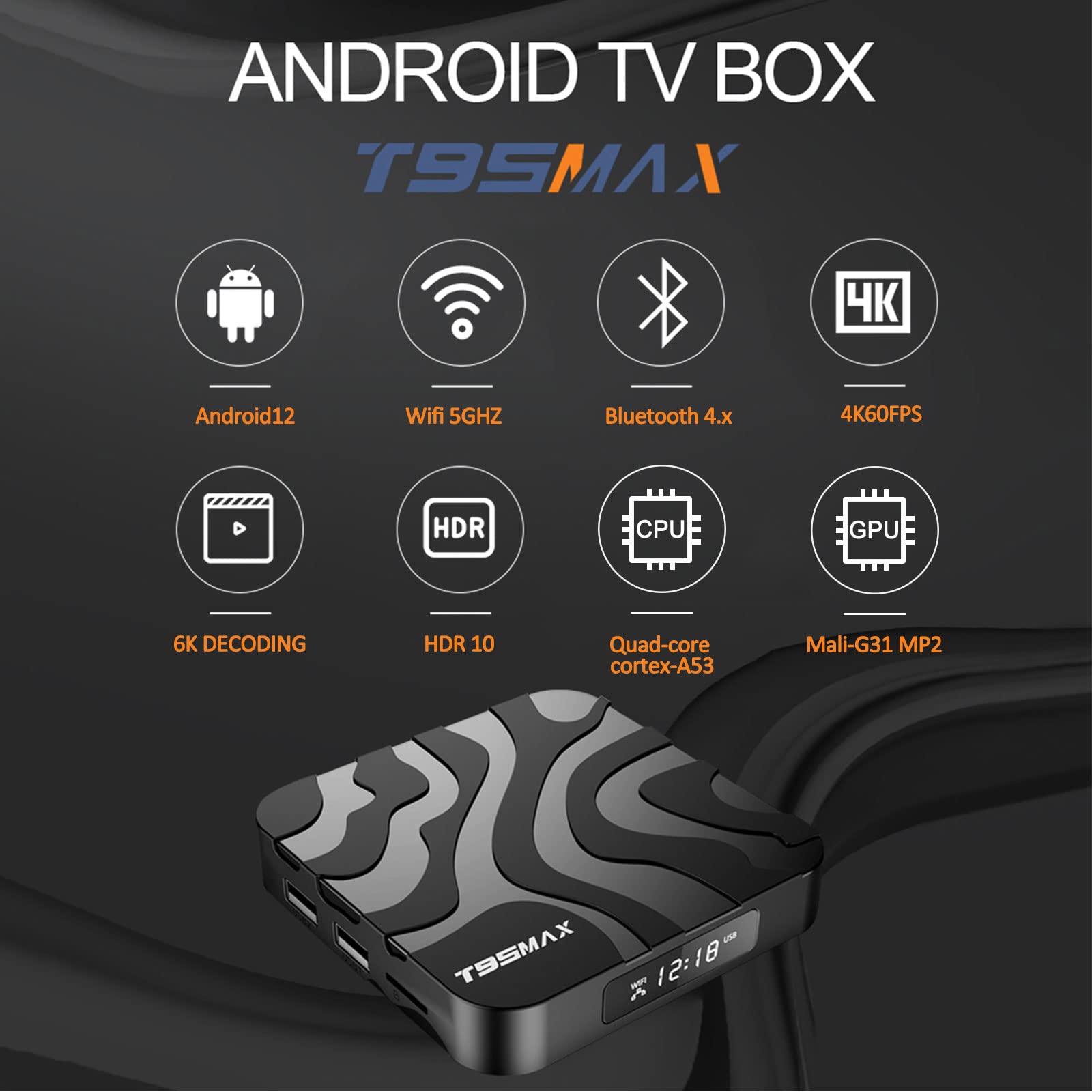 Upvivi Android TV Box 12.0 4GB RAM 32GB ROM Dual Wi-Fi 2.4G/5.0GHz 6K Android TV Boxes H618 Chip Quad-core CPU Supports Ethernet 3D BT4.0 USB2.0 Mini Smart TV Box T95MAX Android Box