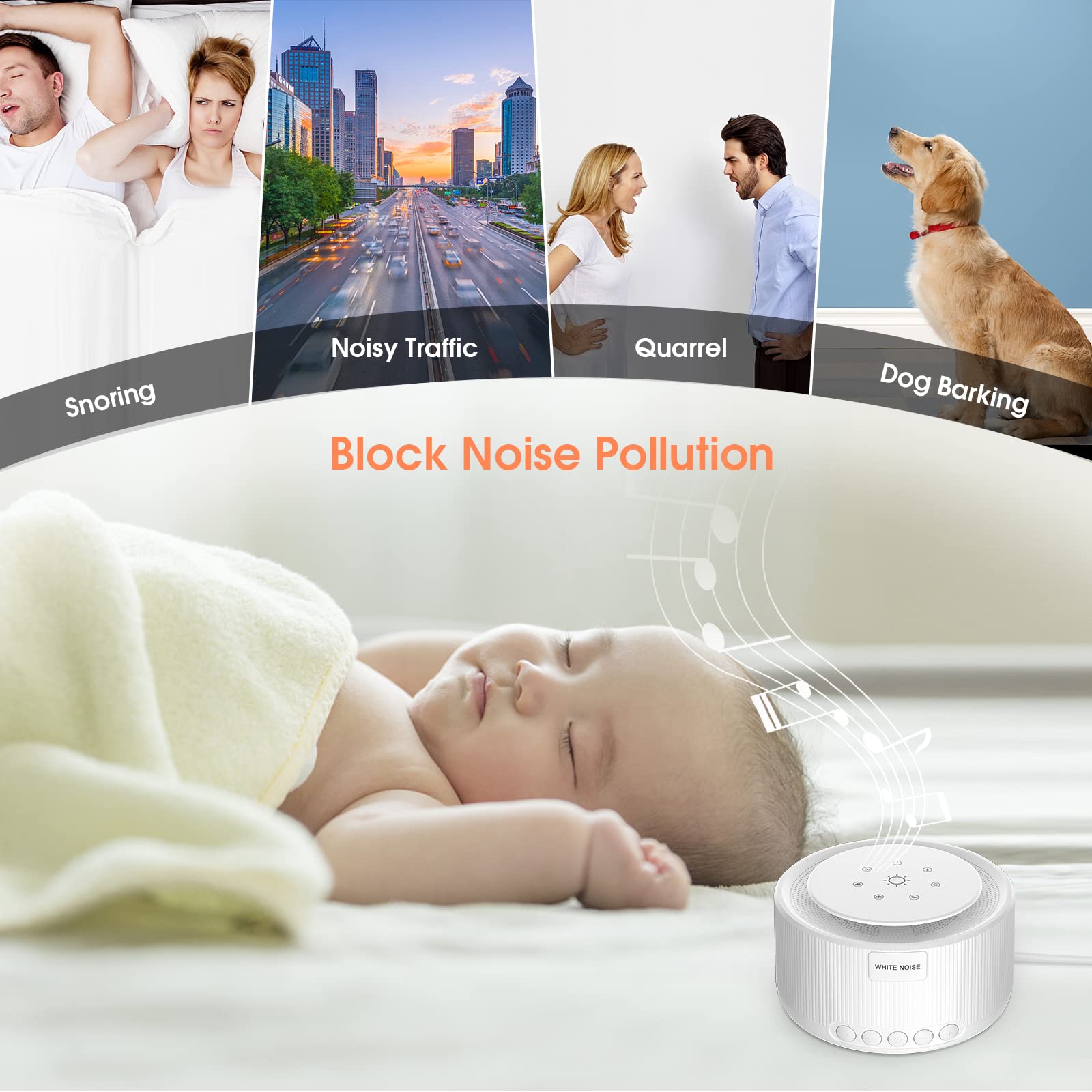 White Noise Machine, UMZRUVH Sound Machine with 30 High-fidelity Non-looping Sounds 36-Level Volume, Noise Machine with Memory Function and Timer, Touch Night Light Sound Machine for Adults Baby Elder