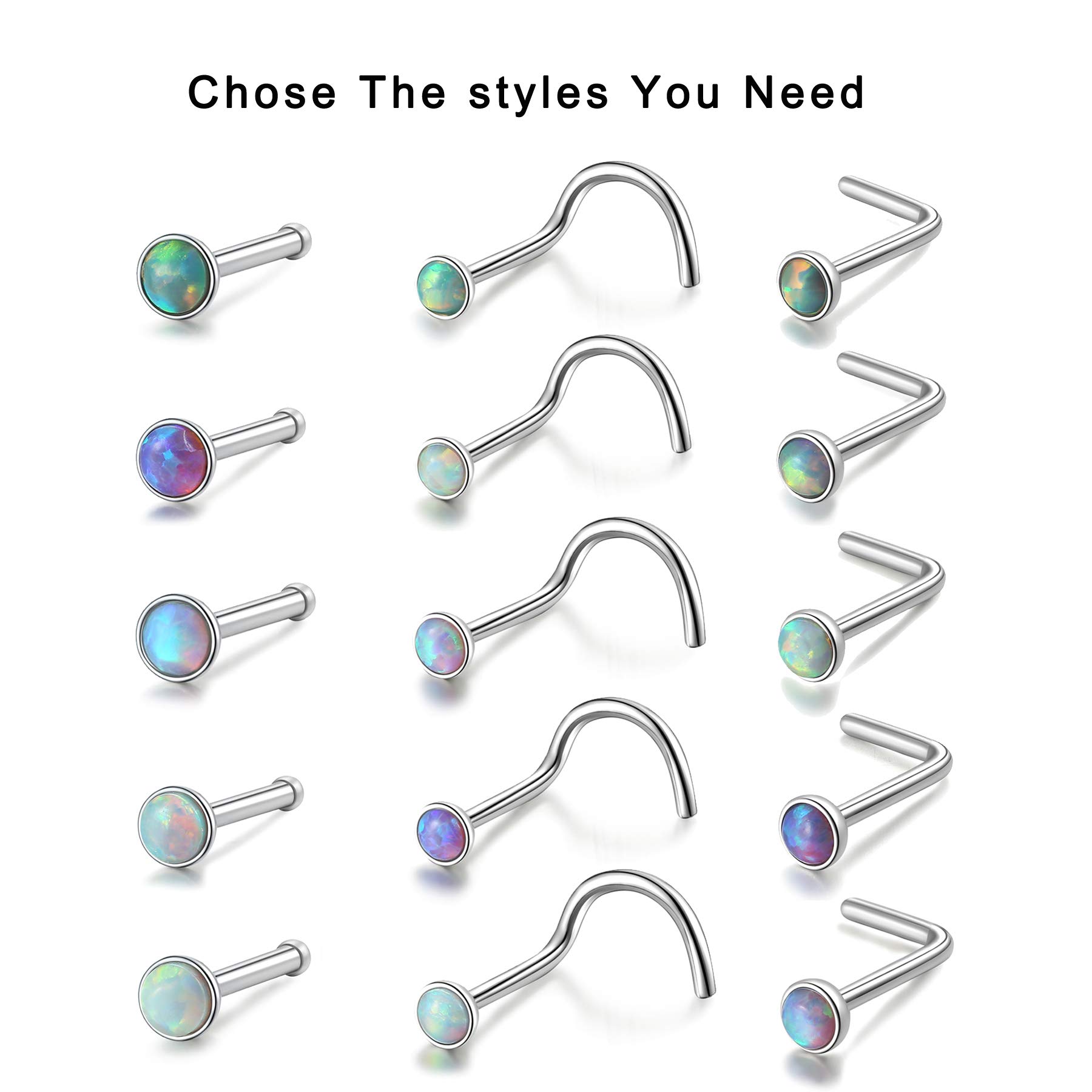 Lantine Corkscrew Nose Studs Surgical Steel 2mm Opal Nose Stud Pink White Purple Green Blue Set 20 Gauge 1/4 inch