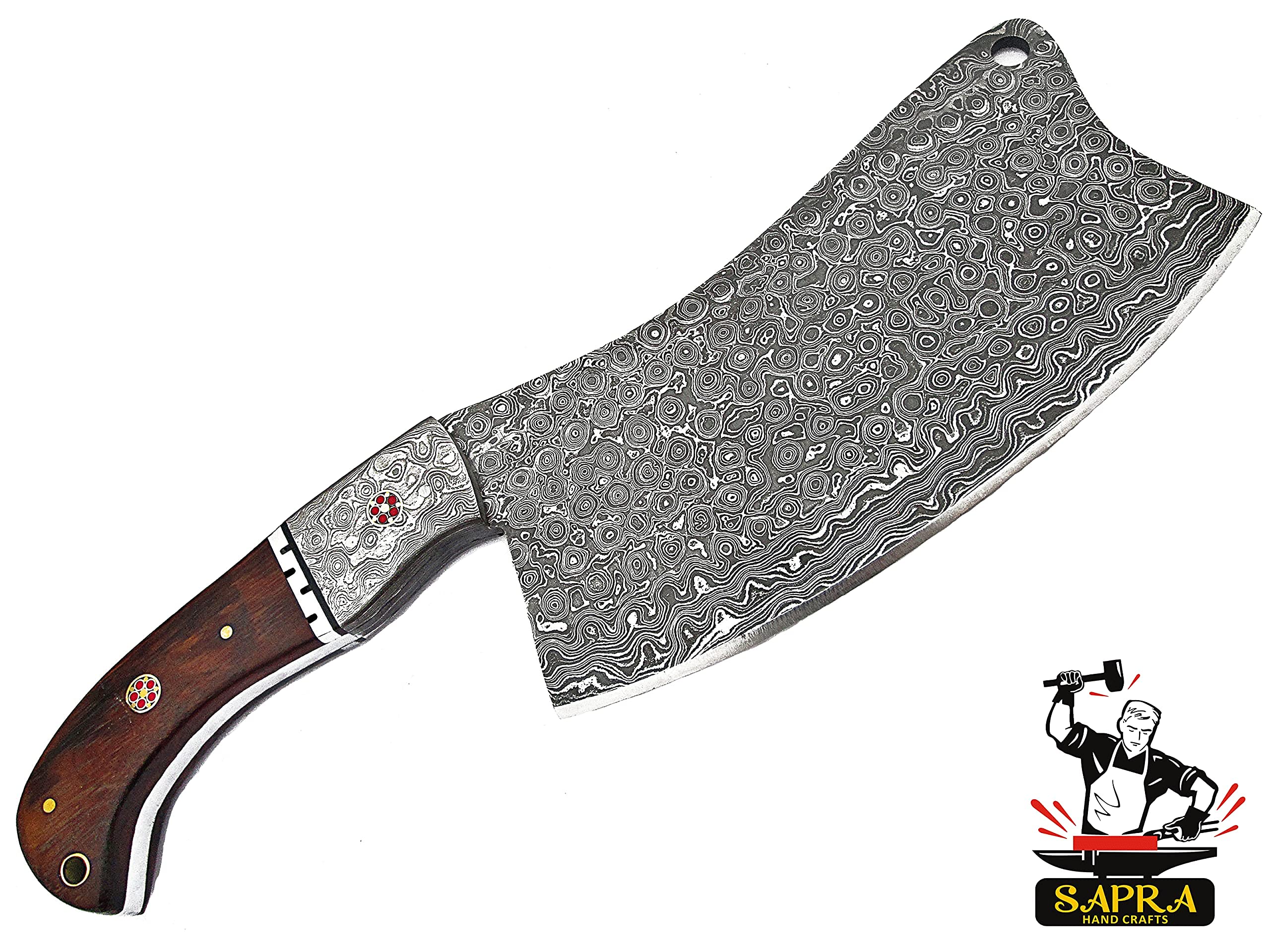 Sapra Damascus steel 10.75β Inches Meat Cleaver Chef Butcher Vegetable frozen Boning Cleaver Knife Heavy Duty Sharp Edge Full Tang Meat Cleaver Bone Copper with Genuine Leather Sheath