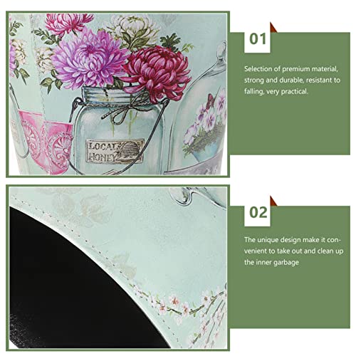 Zerodeko Small Trash Can, 10L/2.64 Gallon PU Leather Wastebasket Retro Decorative Waste Bin with Flower Patterned, Garbage Container for Bathroom, Bedroom, Kitchen, Home, Office
