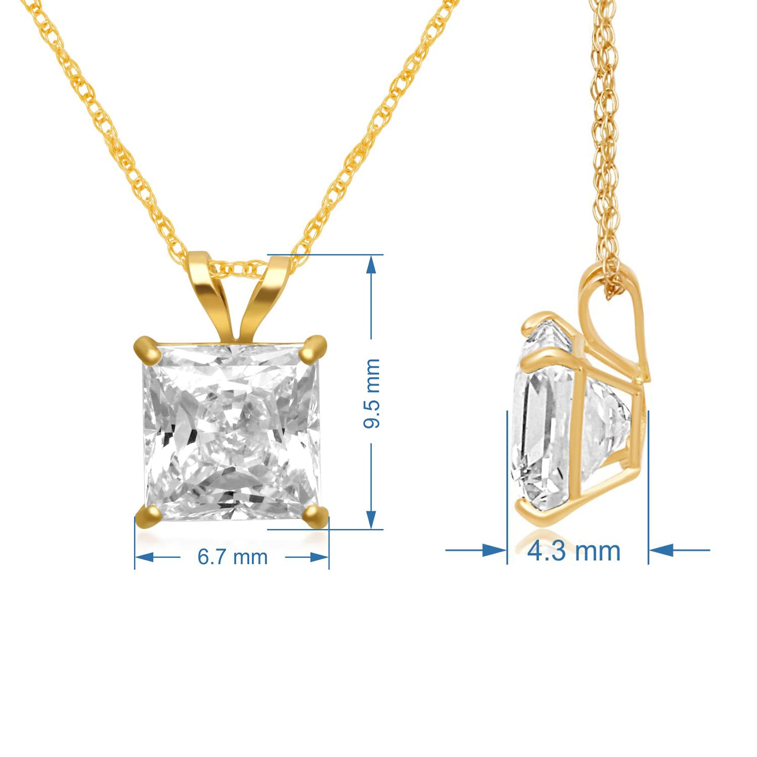 Jewelili 10k Yellow Gold 7mm Princess Cut Cubic Zirconia Solitaire Pendant Necklace, 18" Rope Chain