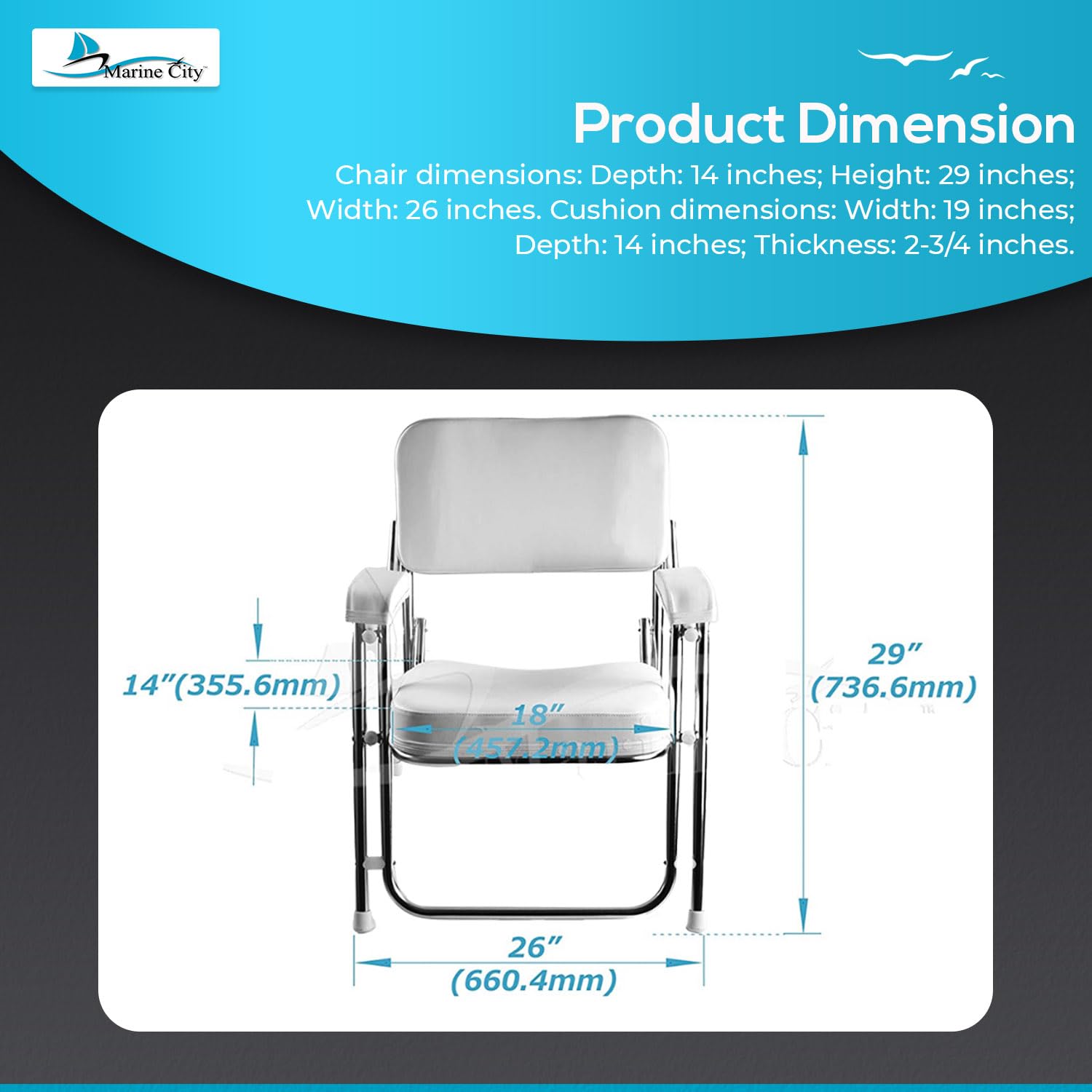 MARINE CITY Aluminum Portable Folding Cushioned Boat Deck Beach Chair with Drink Cup Holder for Marines – Boats – Yachts – Ships