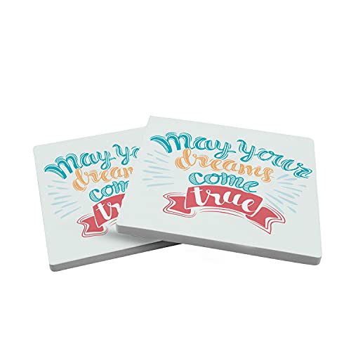Lunarable Saying Sandstone Coaster Set of 2, May Your Dreams Come True Lettering Positive Hype Motivation, Absorbant Square Coasters for Drinks Mug Cups, 4.25", Blue Pale Blue
