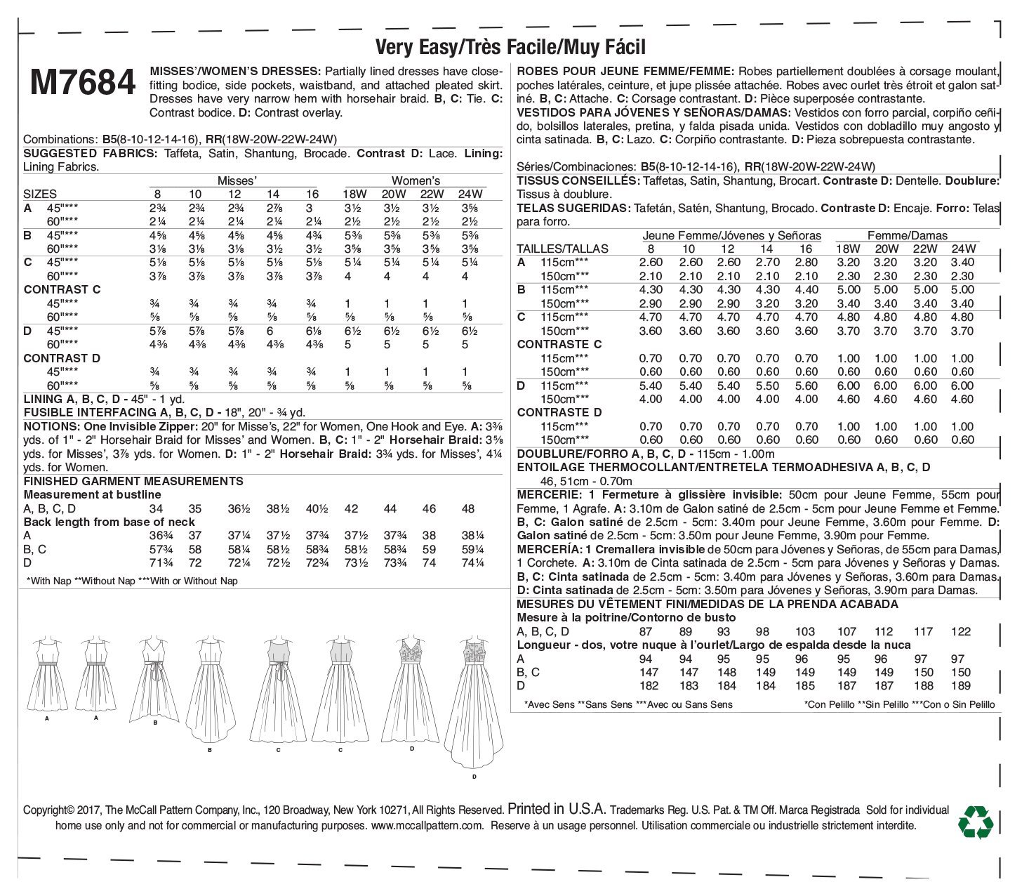 McCall's Patterns Misses/Women's Sleeveless Dresses with Neckline and Hem Variations