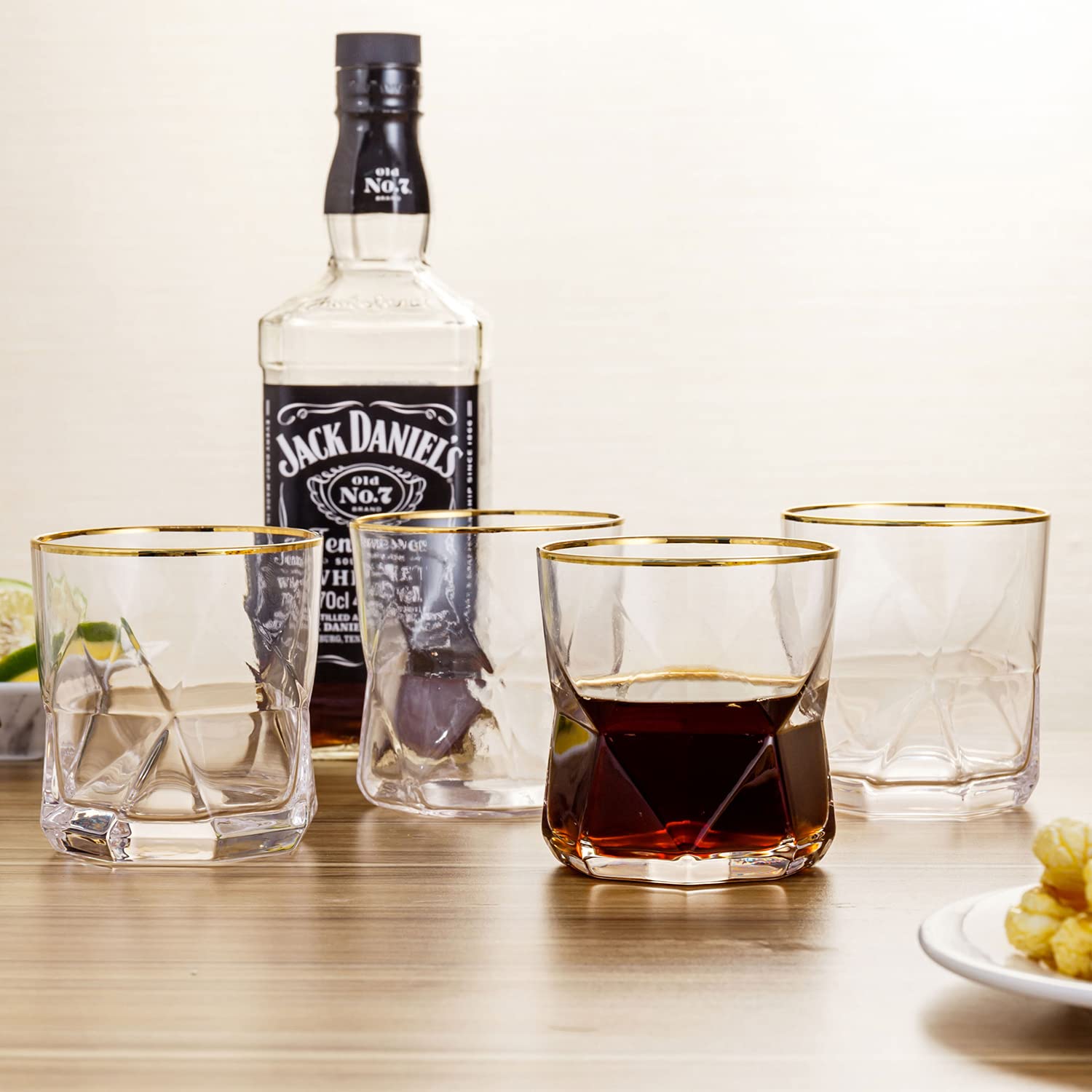MyGift Set of 4 Clear Glass Old Fashioned Whiskey Tumblers with Prismatic Geometric Shape Design and Gold Rim - 11 oz