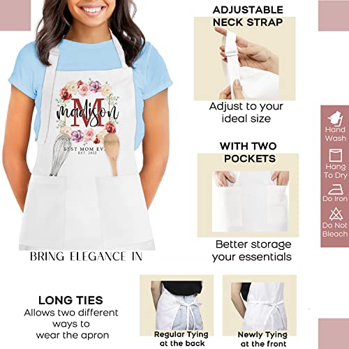 Personalized White Kitchen Apron Gifts for Women - 9 Cute Designs w/Name Text - Custom Bbq Grilling Cooking Aprons for Chef w/Pocket - Customized Floral Kitchen Apron Gift for Girl - Barbecue Apron C1