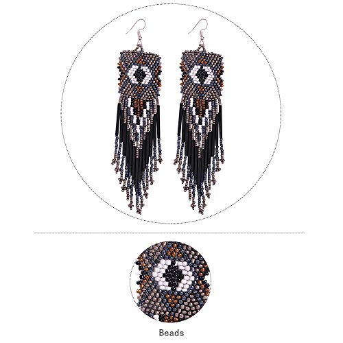 Long Beaded Earrings Dangle - Boho Sleek Fringe Earrings Statement Handmade with Hook, Gift Ideas for Women Jewelry