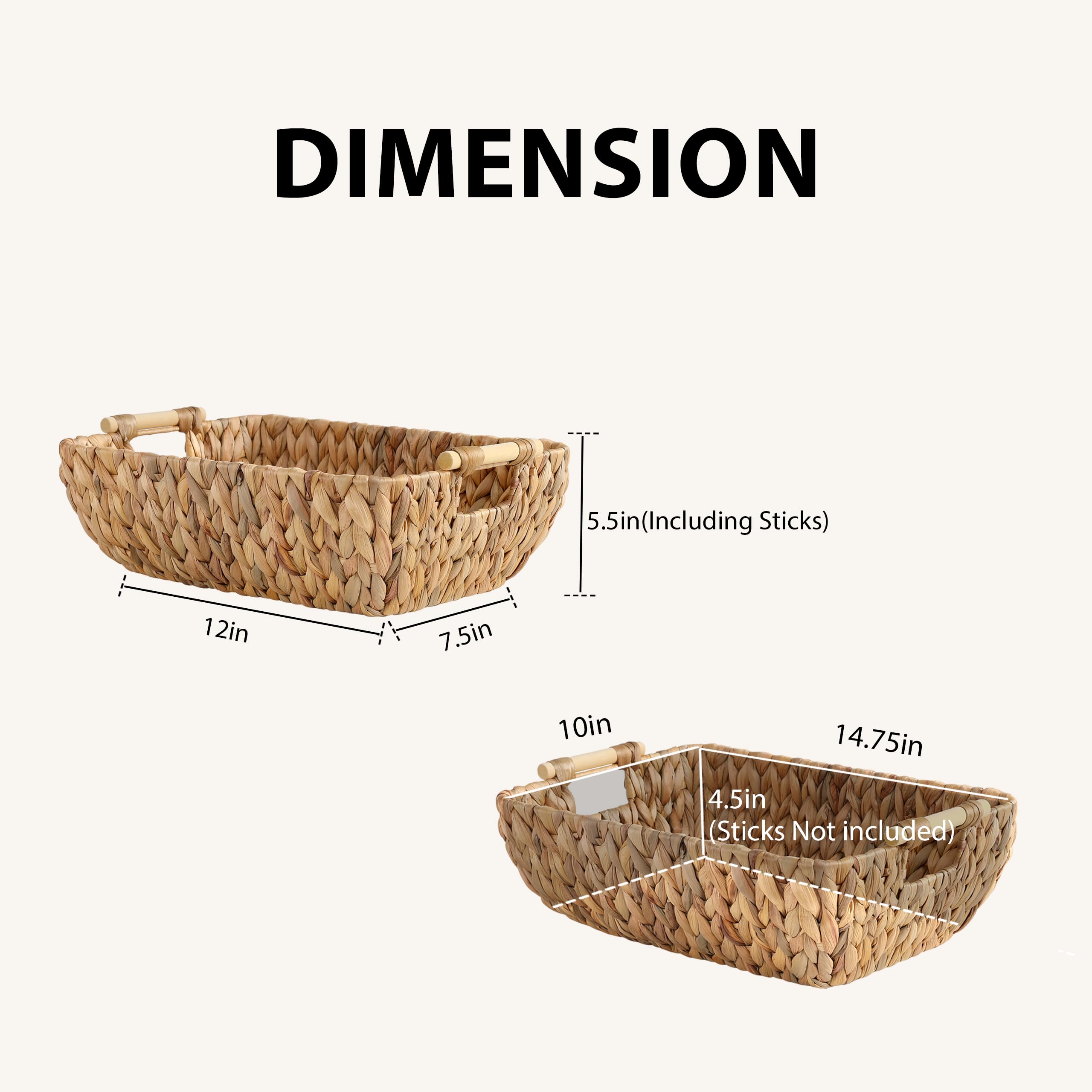 Water Hyacinth Storage Baskets with Wooden Handles,Large Wicker Baskets for Organizing Set of 2