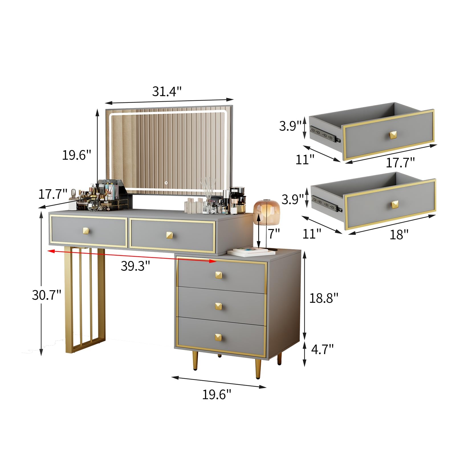 KEHUIBGAJ Modern Vanity Desk,Vanity Table,Makeup Vanity,with Lighted Mirror and 5 Spacious Drawers,Retractable Makeup Dressing Table with Nightstand,Indispensable Bedroom Furniture for Girls