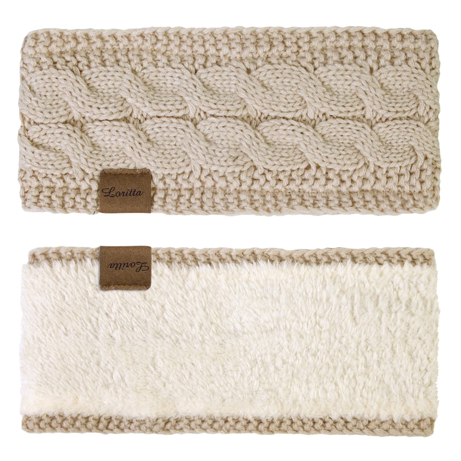 Loritta 2 Pack Headbands for Women Winter Warm Cable Knit Ear Warmer Thick Head Wrap Fuzzy Fleece Lined Gifts, F Beige+Black