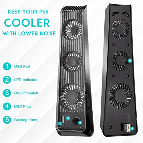 NICEMOVIC PS5 Fan Cooling Fan for PS5 Accessories, Upgraded PS5 Cooling Fan with Three Powerful 6000-Speed Fans, LED Light and USB Port, Efficient Cooling System Cooler for Playstation 5 Console