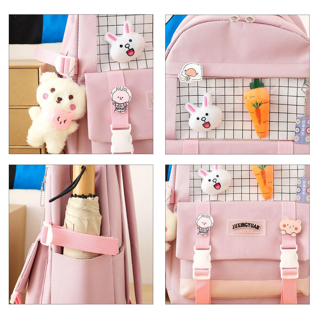 josfey 4Pcs Kawaii Backpack Cute Backpack Aesthetic Backpack Preppy Backpack SetKawaii School Supplies with Accessories (Pink)…