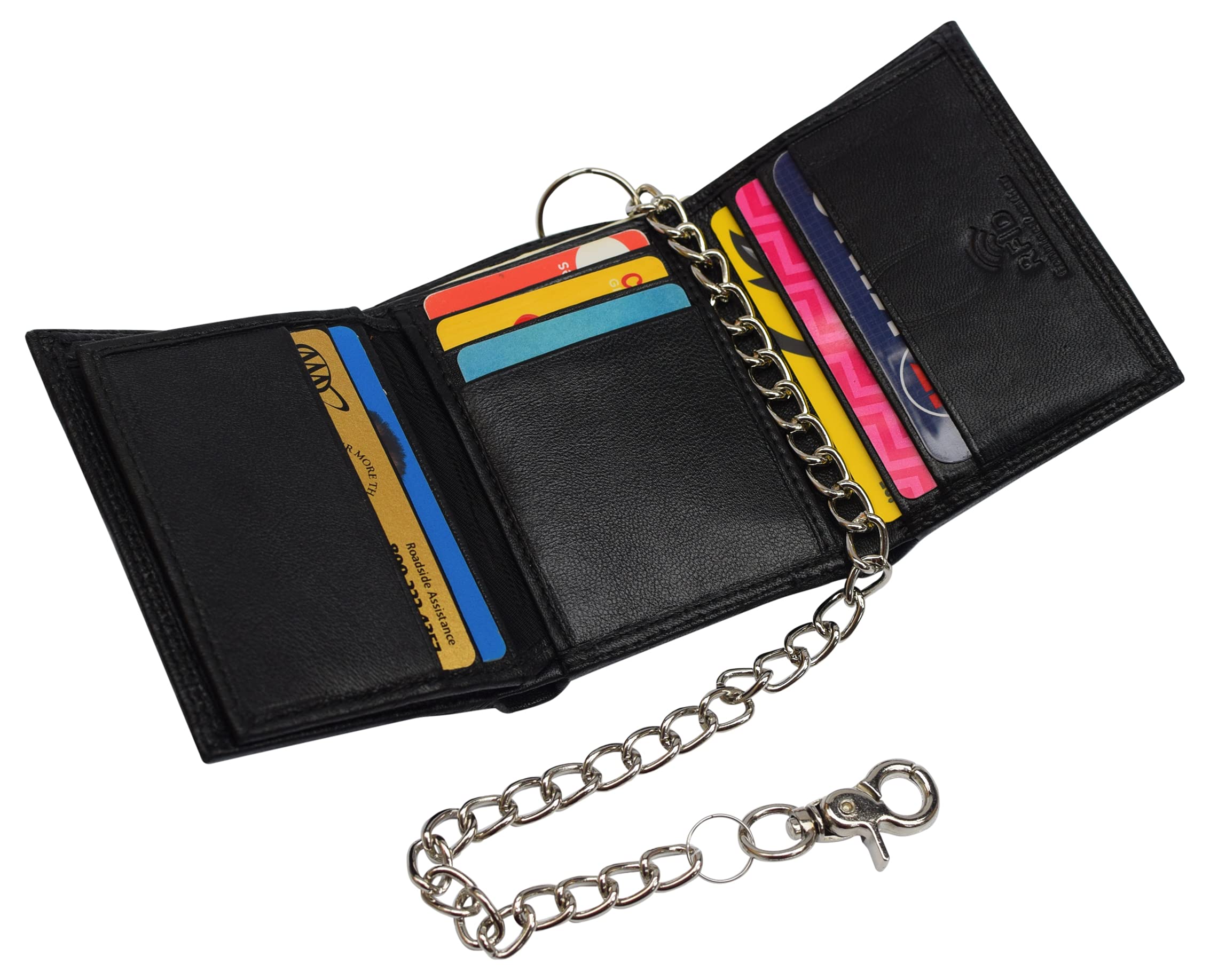 Men's RFID Blocking Premium Leather Chain Trifold Wallet (Black with Chain)