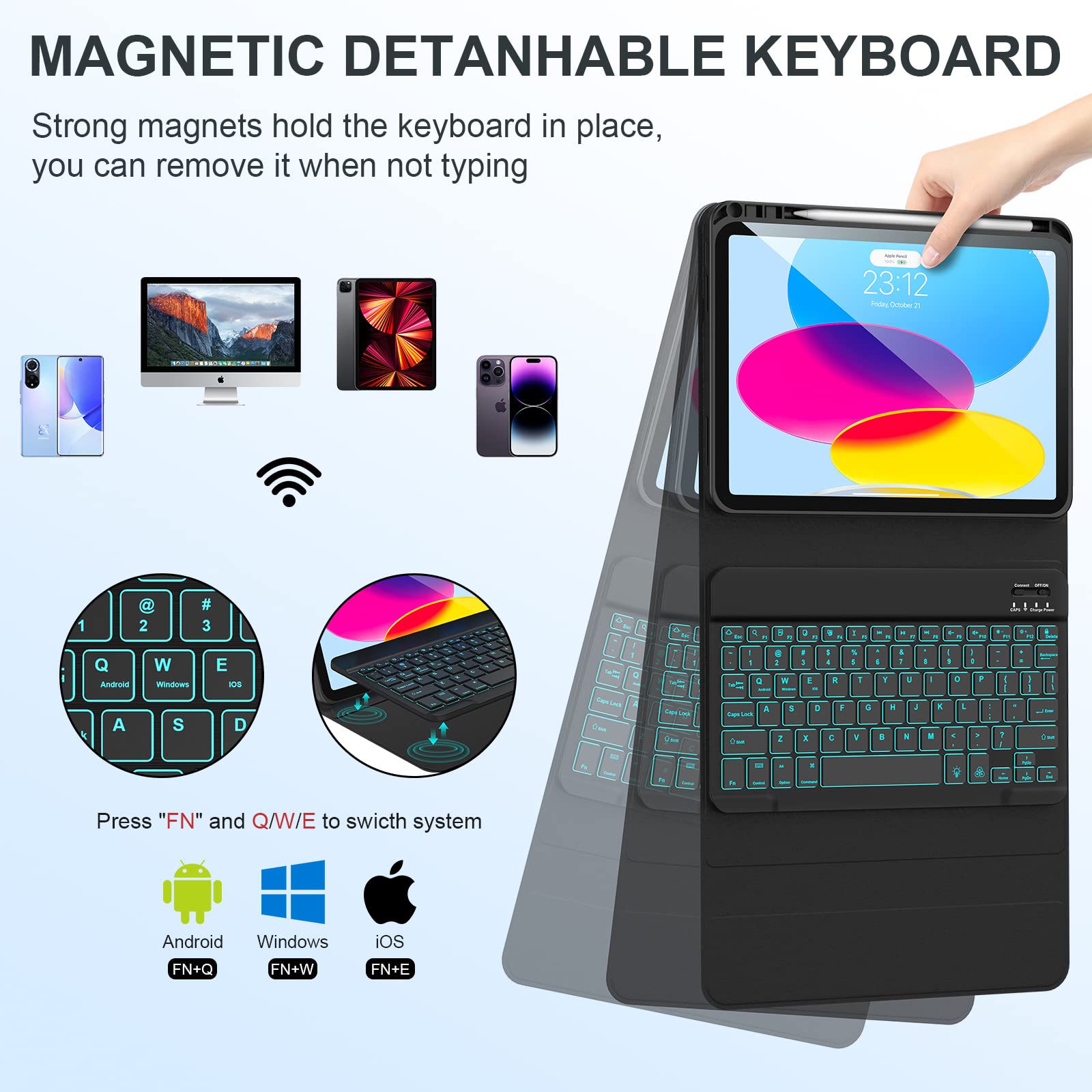 YAXUMEI iPad 10th Generation Case with Keyboard，iPad Keyboard Case for iPad 10.9" 2022, Keyboard Case with Pencil Holder-Detachable Bluetooth Backlit Keyboard Case for Latest iPad 10th Gen 10.9" 2022