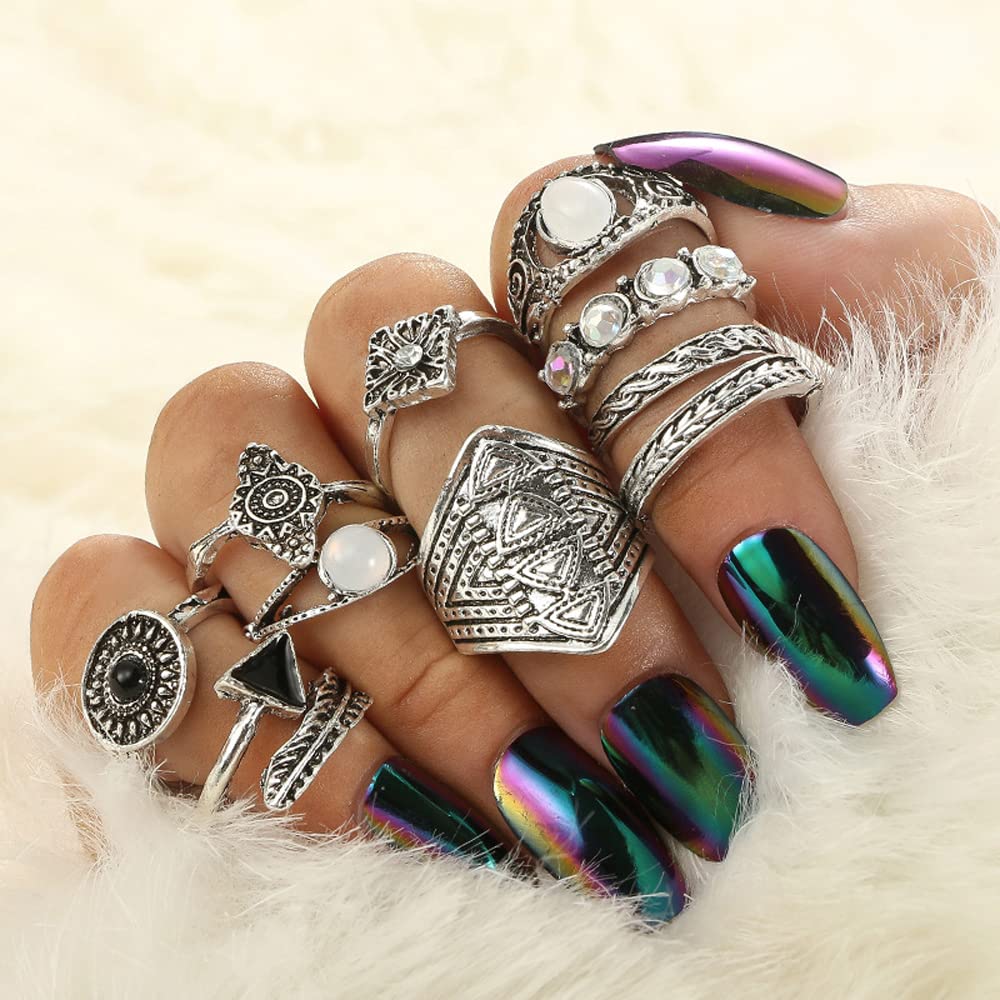 Octwine 10cs Silver Bohemian Statement Knuckle Rings Black Carved Stackable Rings Stacking White Crystals Ring Jewelry for Women and Girls