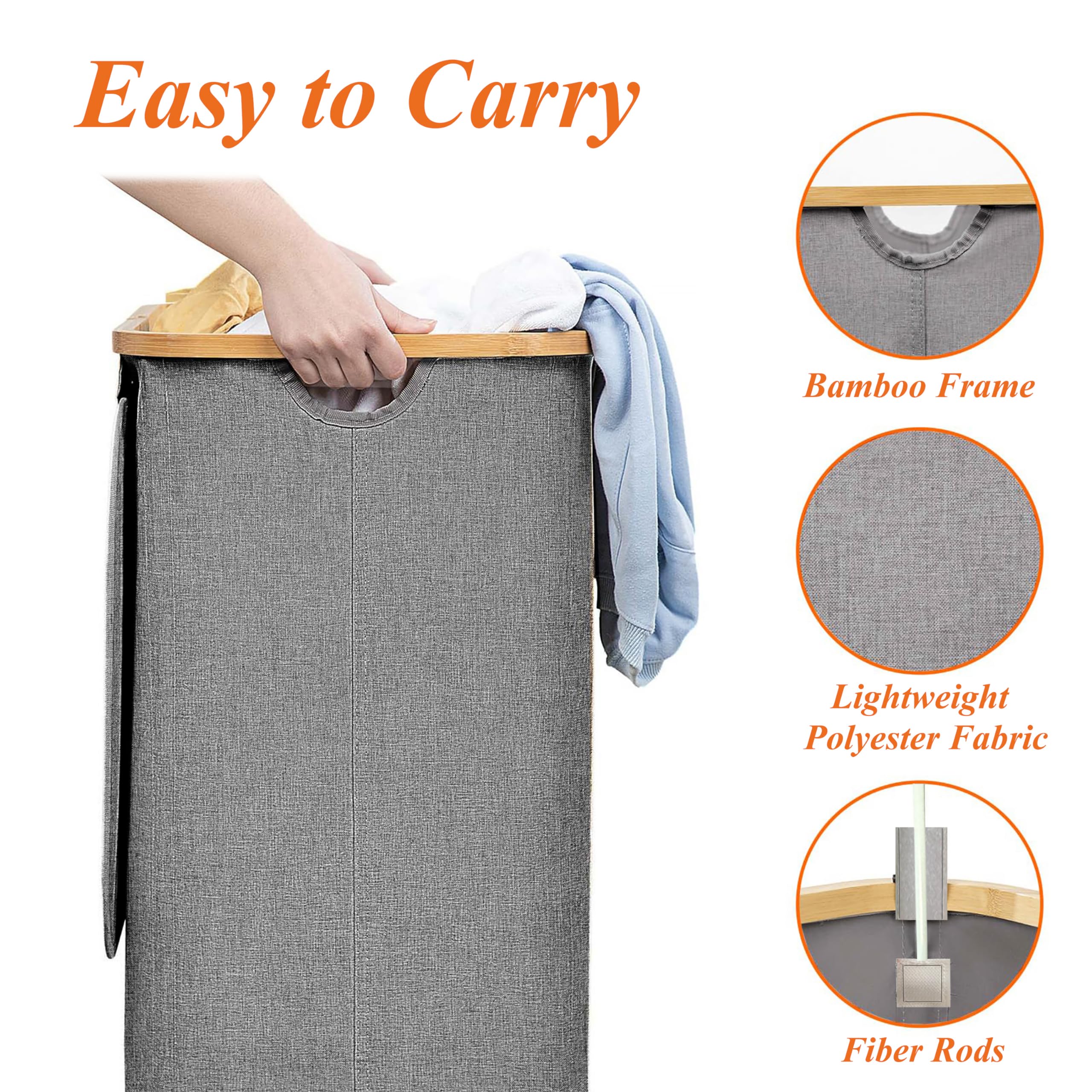 YCJYZLF Large Laundry Hamper with Lid and Bamboo Handles,Tall Collapsible Laundry Basket with Lid and Removable Laundry Bag,Foldable Clothes Hampers for Laundry,Bedroom,Dorm,Towels,Toys (100L,Grey)