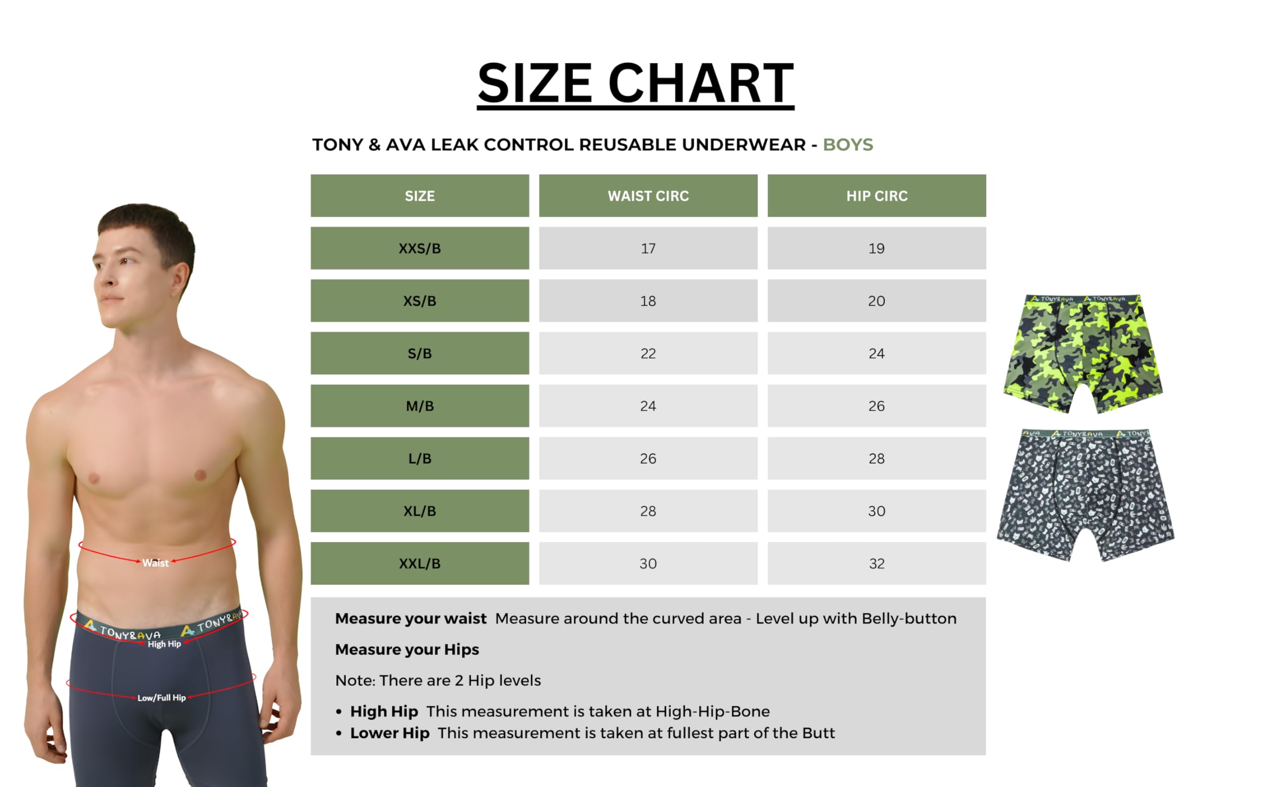 Tony and Ava Incontinence Boxer Briefs for Boys with Special Needs | Soft Cotton Liner | Slim Fit Underwear for Boys (120 lbs) | Comfortable, Camouflage Design, Pack of 2 (Large)