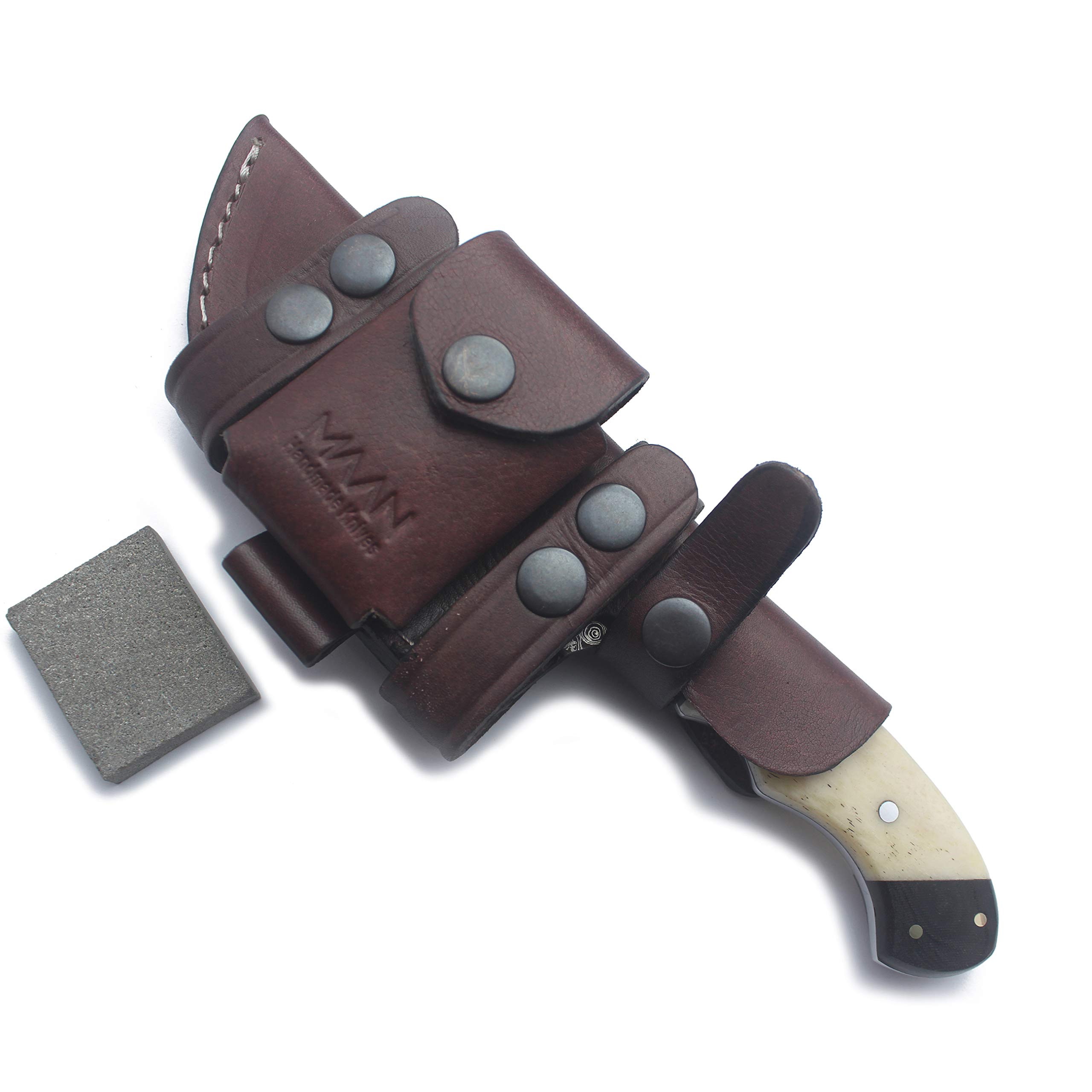 MAAN Handmade Damascus Tracker Knife Survival, Hunting, Tactical and Camping - Damascus Steel Tracker Knife - Right Hand Scout Carry Leather Sheath MNK 295 (Bone Handle)