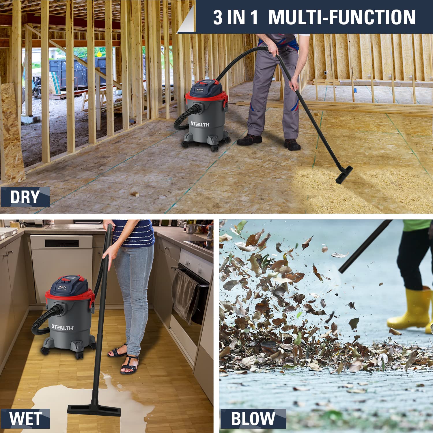 Stealth 3 in 1 Wet Dry Vacuum Cleaner, 5 Gallon 5.5 Peak HP, Portable Shop Vacuum with Blower, 1-1/4 inch Hose, ECV05P1