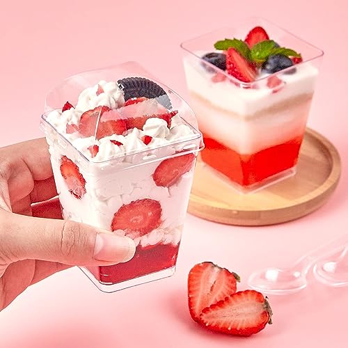 Zezzxu 100 Pack 5 oz Dessert Cups with Dome Lids and Spoons Mini Parfait Cups Clear Plastic Tasting Appetizer Bowls for Fruit Ice Cream Pudding Mousse
