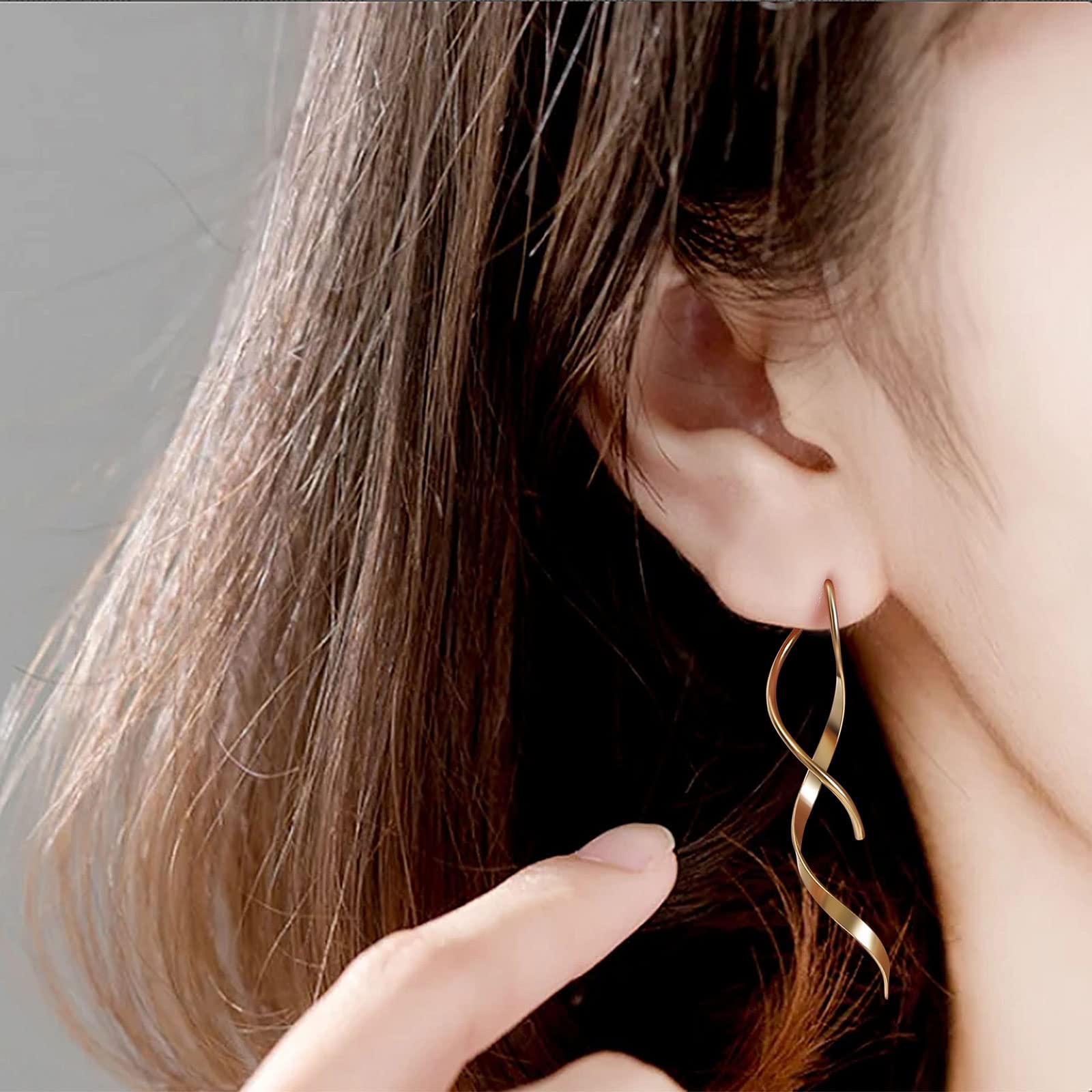 Spiral Threader Earrings for Women, Stainless Steel Drop Dangle Handmade Twisted Linear Curved Dangling Minimal Earrings (Silver)