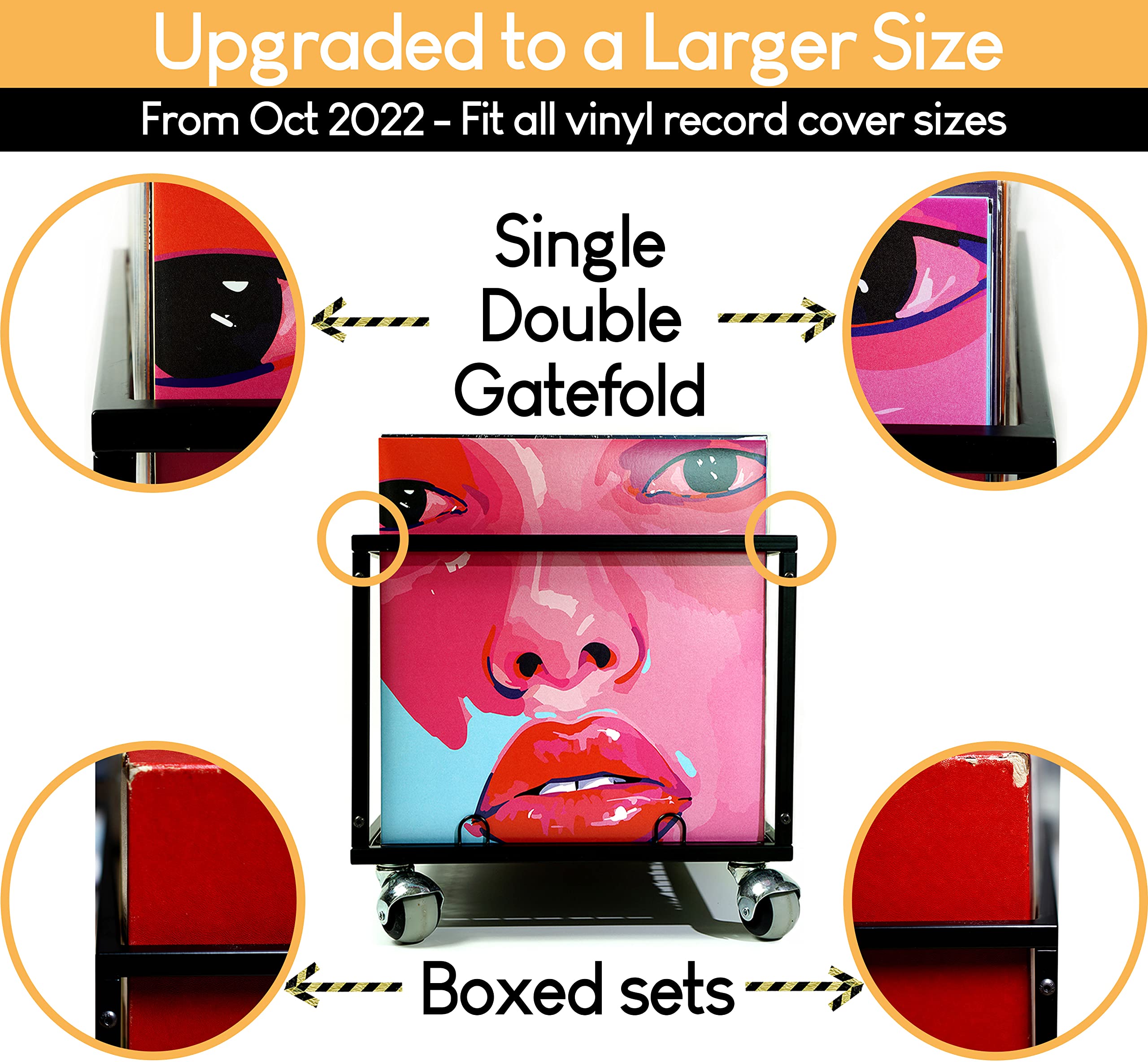 NEEDLEA Vinyl Record Holder Storage Up to 120 LP - Sturdy Metal Frame Crate Moving Box with Wheels - Stylish Display Rack Organizer for Vinyl Album in Home Office