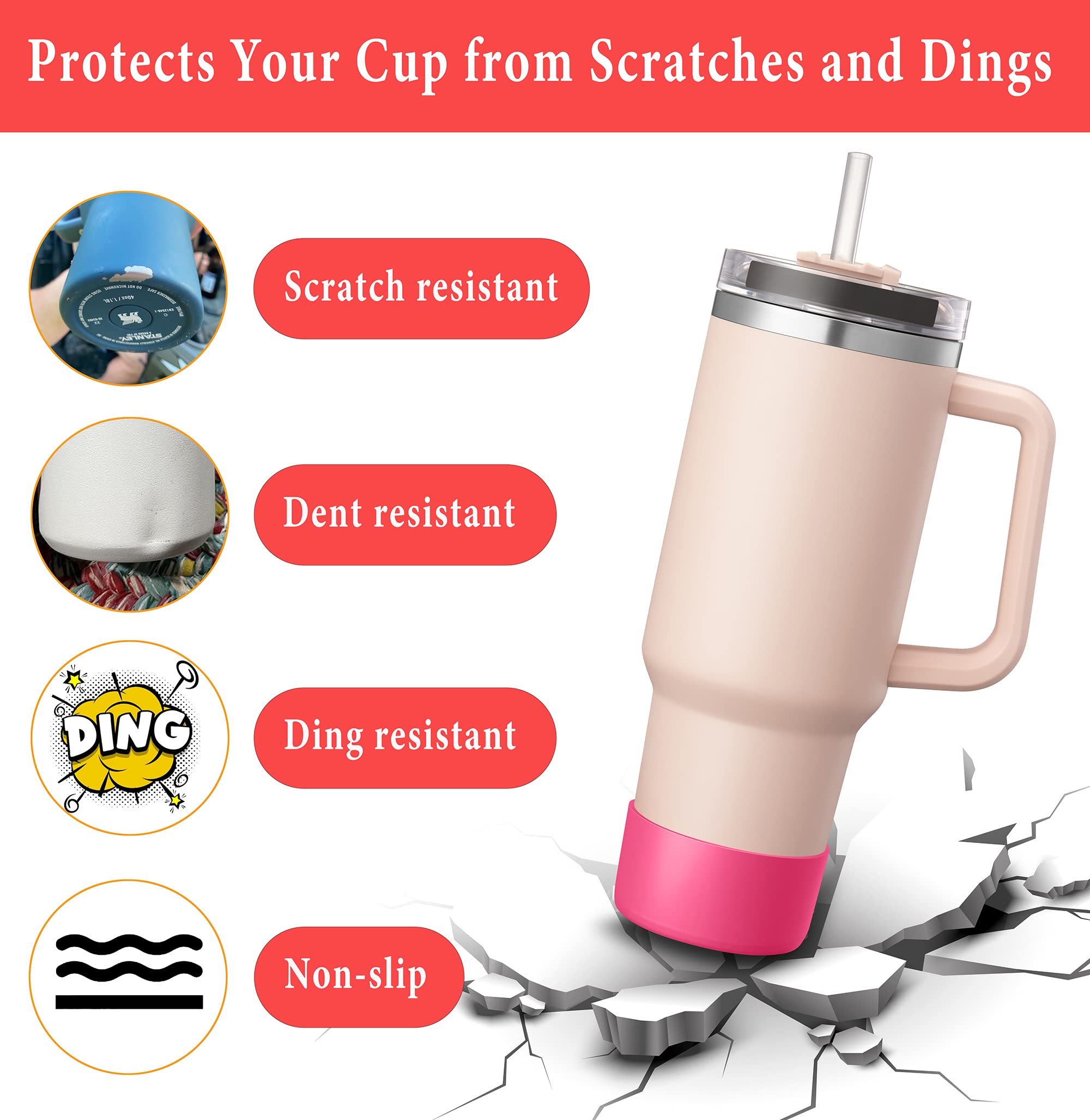 KTKUDY 2Pcs Protective Silicone Boot for Stanley Quencher Tumbler 30 oz 40 oz & IceFlow 20oz 30oz & Hydro Flask Water Bottle 12-24oz - Cup Bottom Sleeve - Stanley Cup Accessories, Rose red
