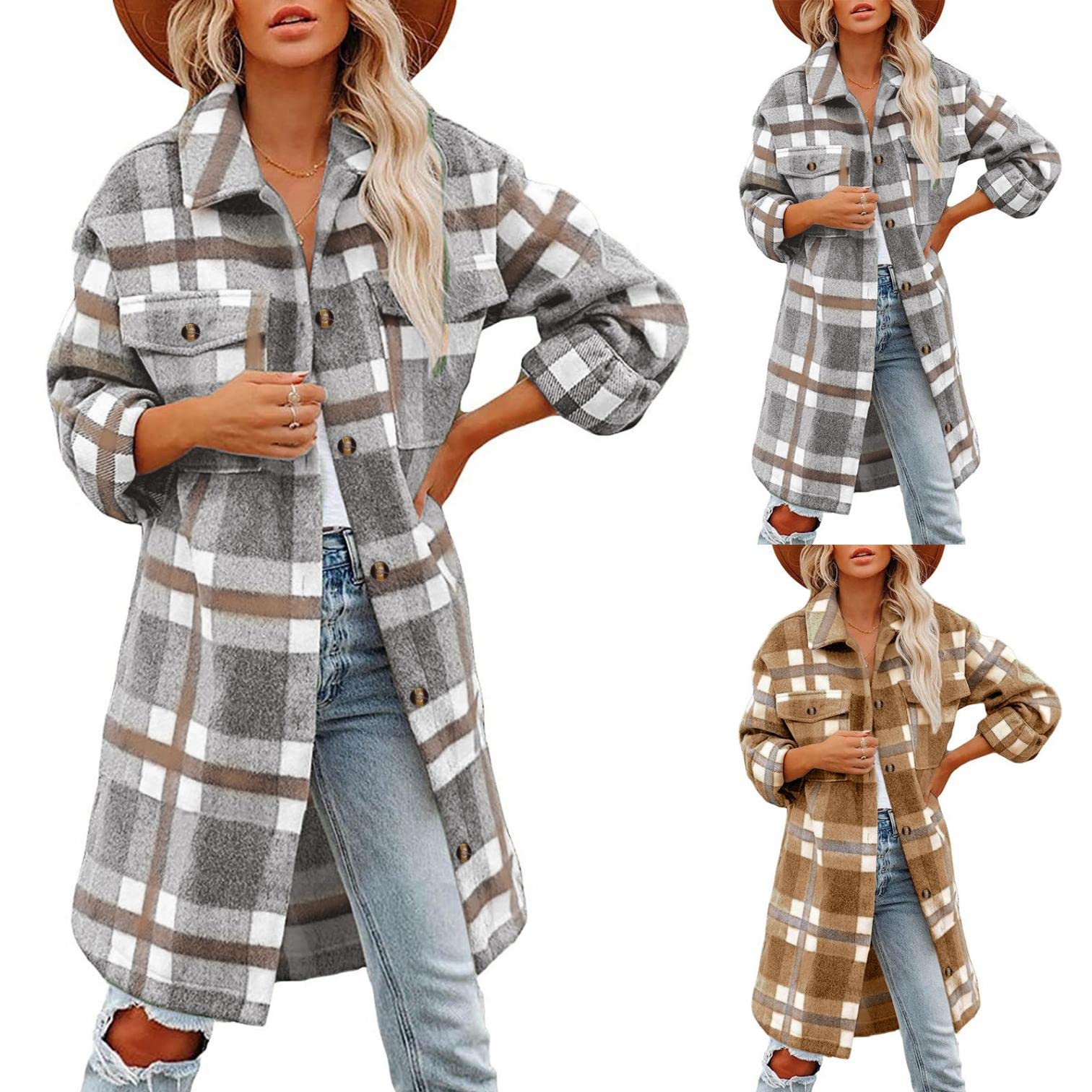 Mingleigo Womens Winter Coats Women's Plaid Brushed Shirt Jacket Flannel Shacket Button Loose Thickened Coat Plaid Shacket Womens-H8, X3-gray