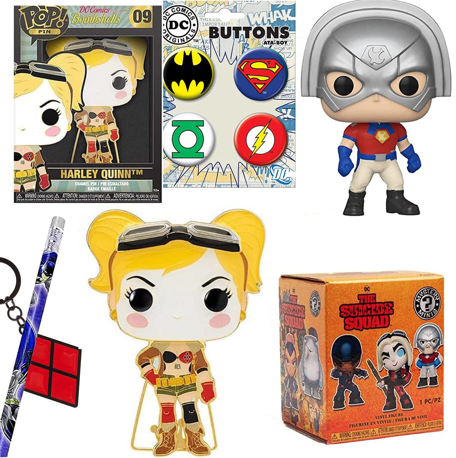 Power Bombshell Action Dc Comic Pop! Hero Figure Bundled with Harley Quinn Big Display Pin! & Hanger + Suicide Squad Mini Figure Blind Box + Peacemaker Pop! + Super Button! 5 Items