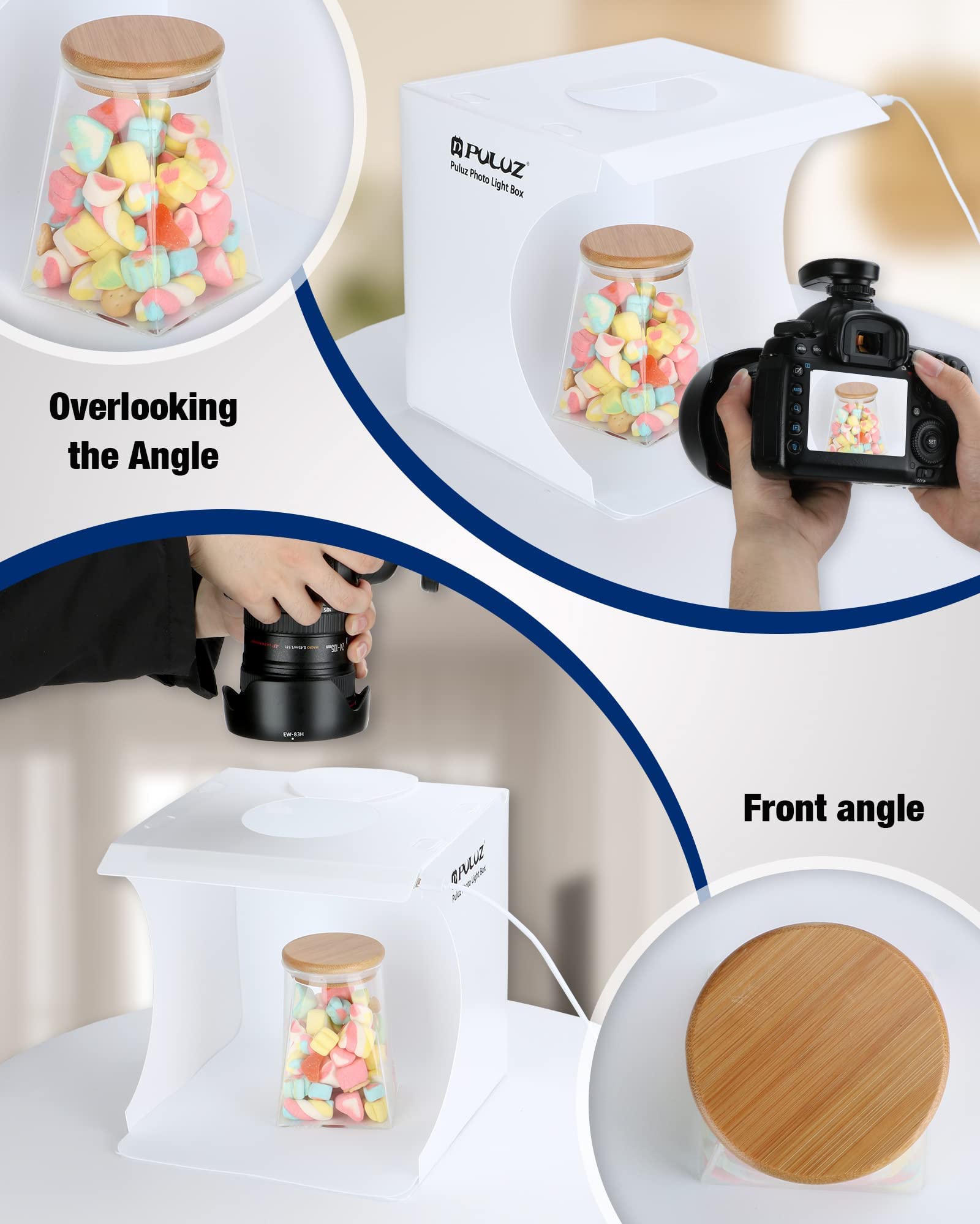 Mini Photo Studio Box, PULUZ 20cm Portable Photography Shooting Light Tent Kit, White Folding Lighting Softbox with 20 LED Lights + 6 Backdrops for Product Display