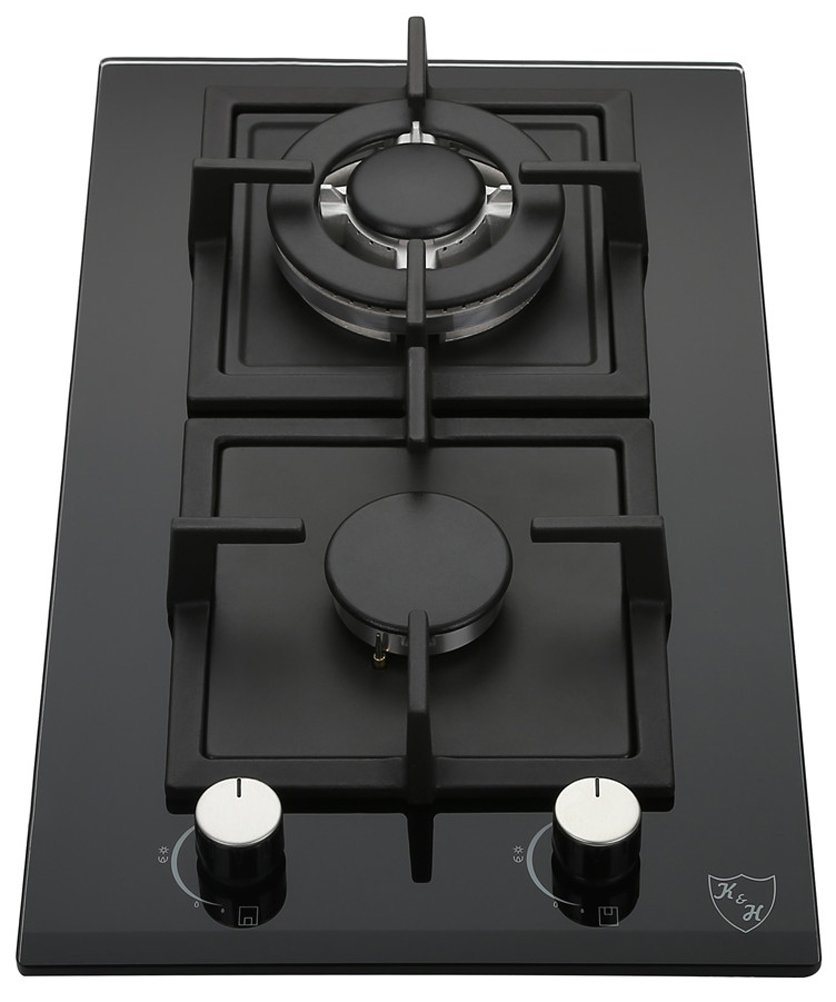 K&H 2 Burner 12 Inch Built-in LPG/Propane Gas Stove Top Glass Surface Cast Iron Cooktop UL/ETL Certified 2-GCW-LPG