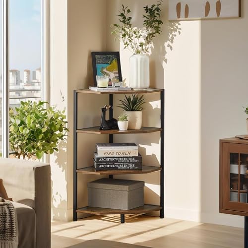 VECELO Corner Shelf, 4-Tier Display Shelves, Wood Storage Stand with Metal Frame, Multipurpose Shelving Unit for Small Space, Home Office, Rustic Brown