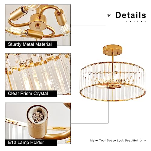 VIOLOEMI Modern Gold Semi Flush Mount Ceiling Light Crystal 3-Light Living Room Ceiling Lamp 15.75 Inch Kitchen Light Fixture for Bedroom Dinner Room Bathroom Entryway (Bulb Not Include)
