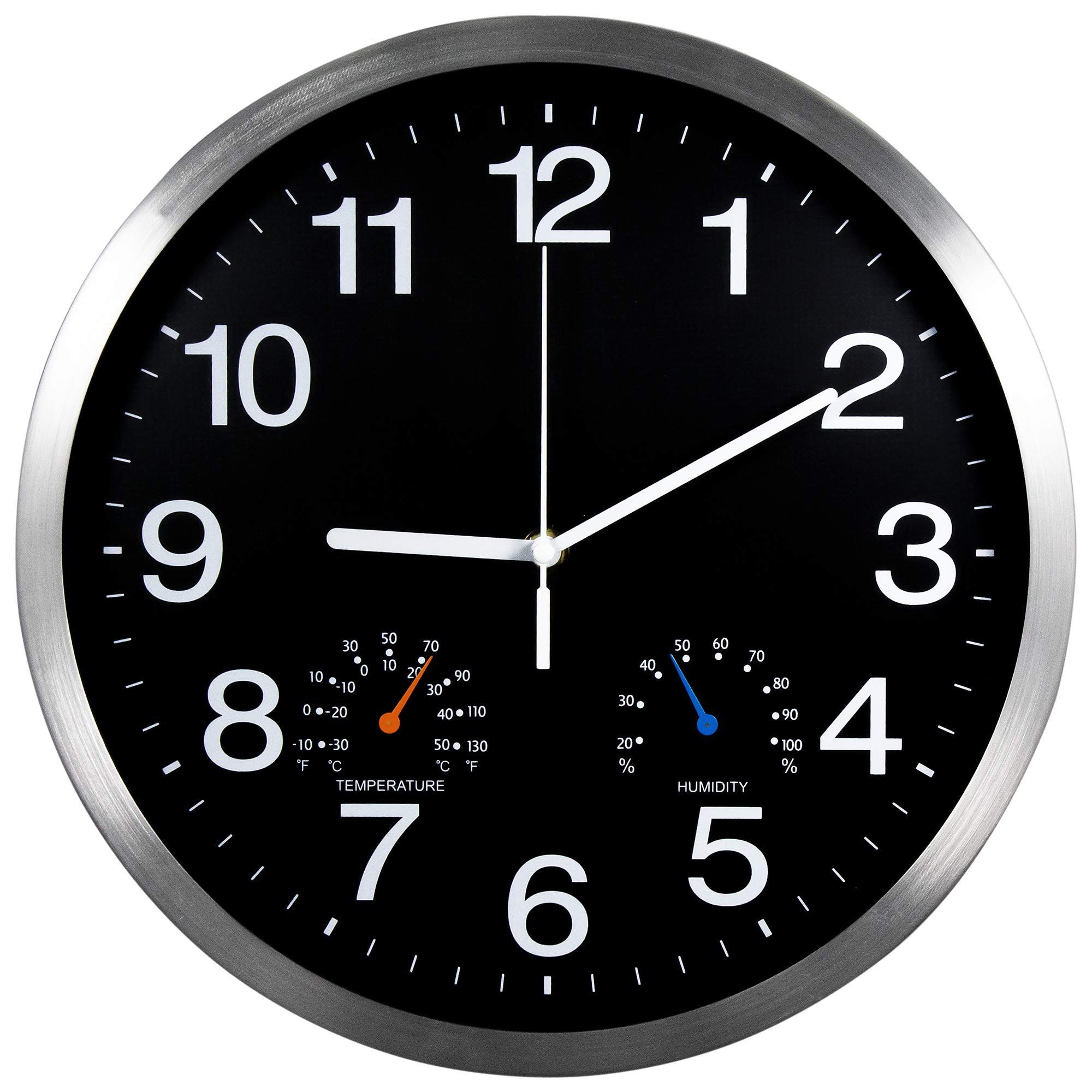 Reynoe 12 Inch Silver Aluminum Frame Wall Clock with Thermometer Hygrometer Battery Operated Silent Movement Decorative for Home