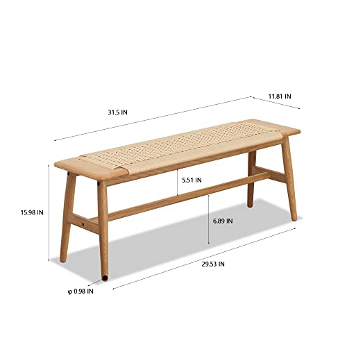 Tennozu Woven Bench, 32" L FAS Grade 100% Solid Oak Wood Dining Room Bench w/Rustic, Hand Woven Design, Firm Mortise & Tenon Structure, Long Bench for Dining Room/Entryway/Bedroom, White (Beige)