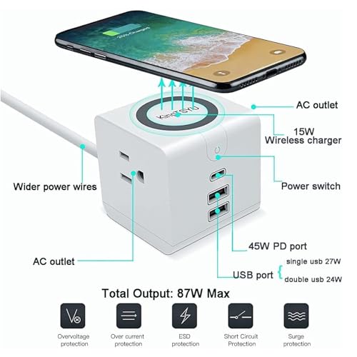 Power Strip with USB C Ports, KingTSYU Travel Surge Protector Tower Extension Cord with 2USB A/2AC Outlets/Phone Wireless Charger, PD 45W Fast Charging Power Deliveryfor Laptop MacBook Pro,Dorm/Office